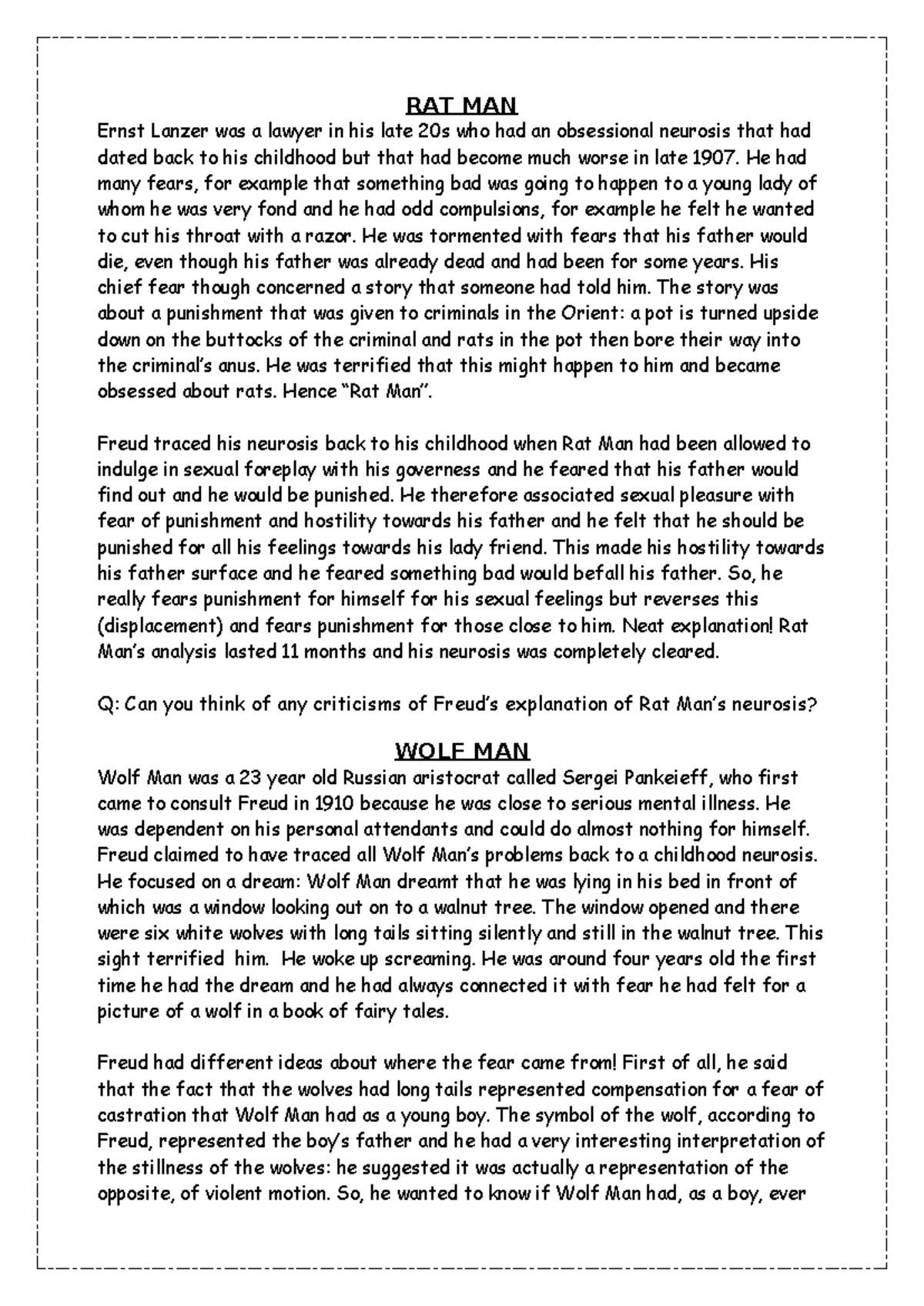 Case Study Analysis: Rat Man & Wolf Man in Psychoanalysis - Studocu