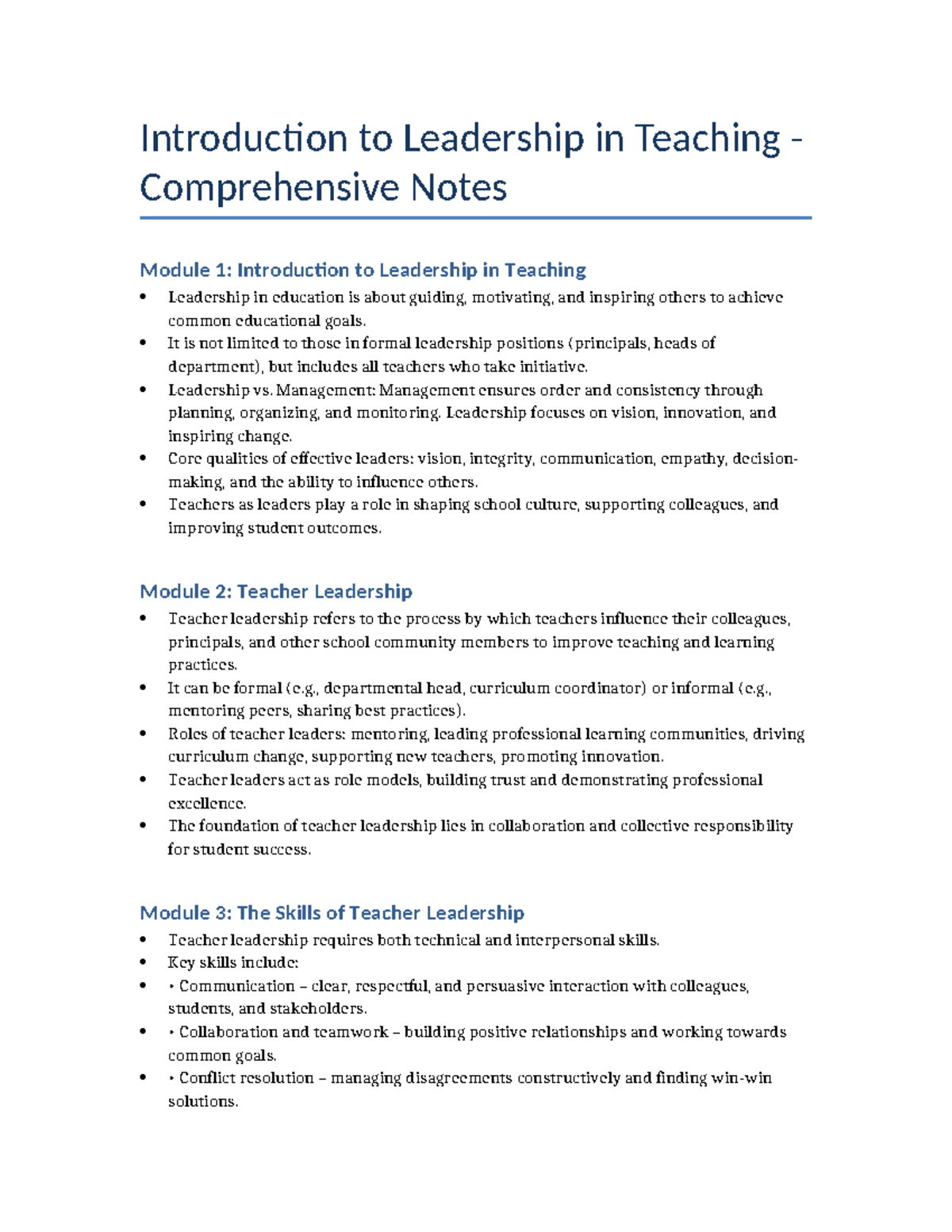 Leadership in Teaching: Comprehensive Notes (Module 1-12) - Studocu