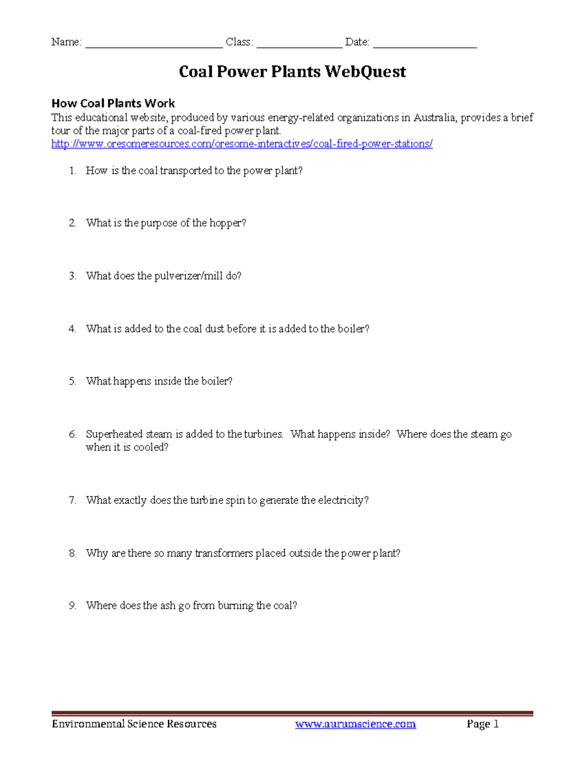 Coal Power Plants Webquest: Understanding Their Functionality and ...