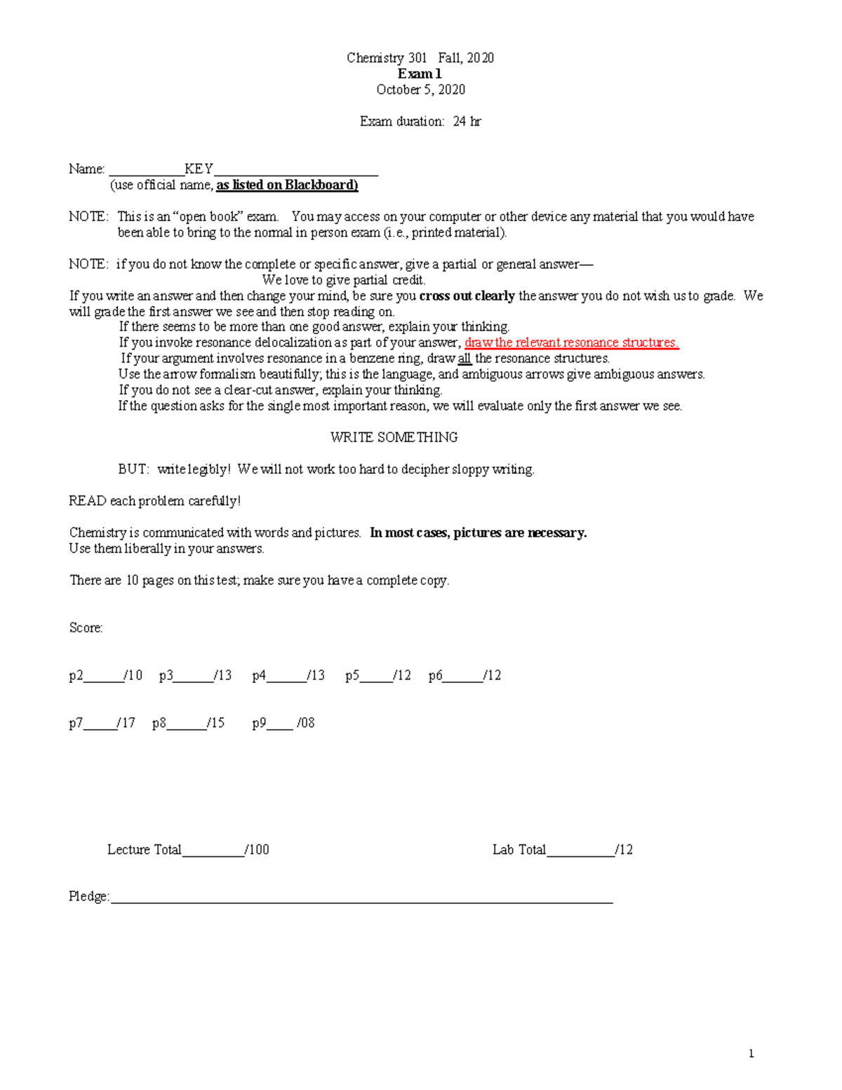 Chemistry 301 Exam 1 KEY - Fall 2020 Answers and Guidelines - Studocu