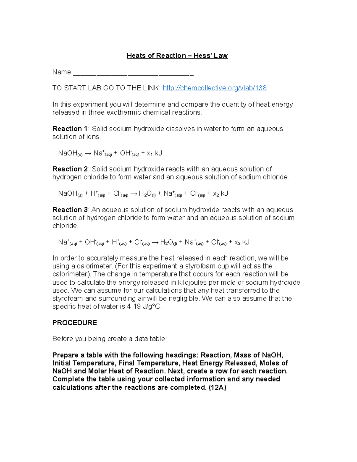 Hess Law Virtual Lab (CHEM 12A) - Heat of Reactions Analysis - Studocu