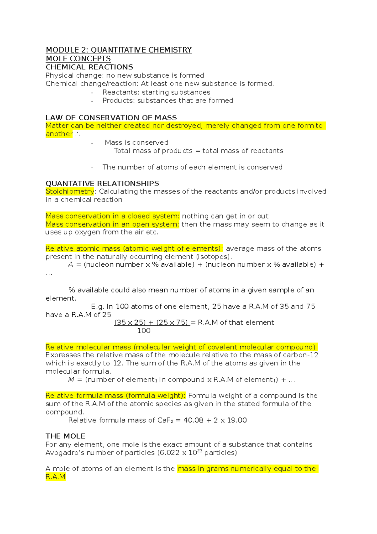 Quantitative Chemistry Overview - CHEM Module 2 Notes - Studocu