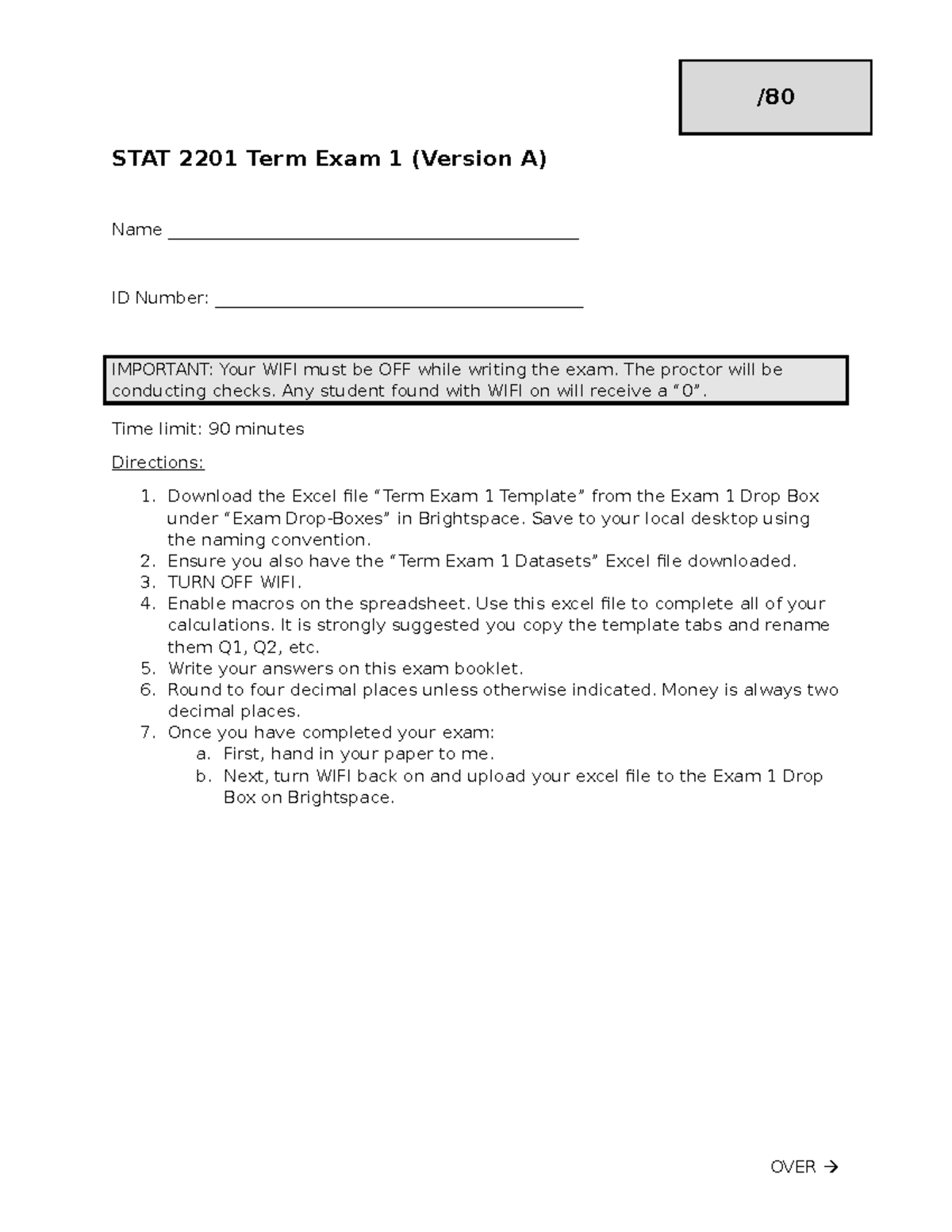 STAT 2201 Term Exam 1 (Version A) Guidelines and Questions - Studocu