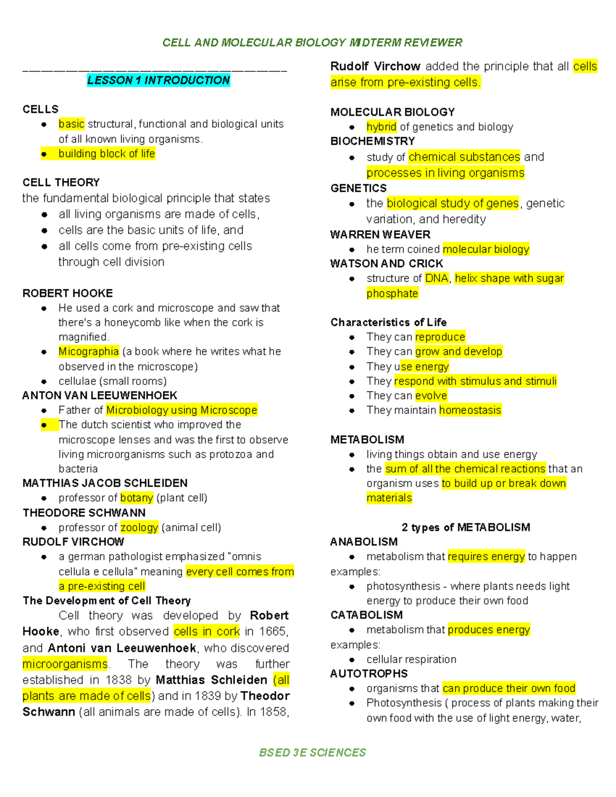 BSED 3E SCIENCES CELL AND MOLECULAR BIOLOGY MIDTERM REVIEWER - Studocu