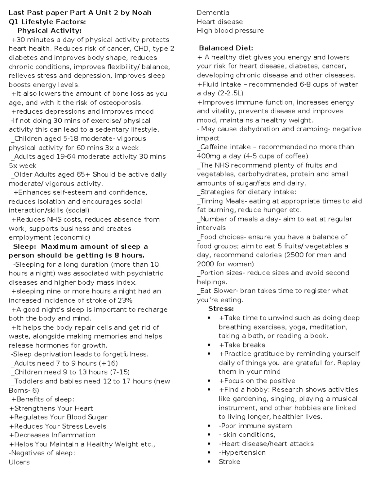 Unit 2 HST Exam Notes - Lifestyle Factors and Health Recommendations ...