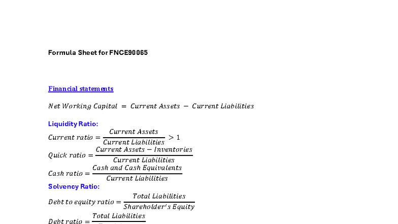 Formula Sheet for FNCE90065: Financial Ratios & Cash Flow Analysis ...