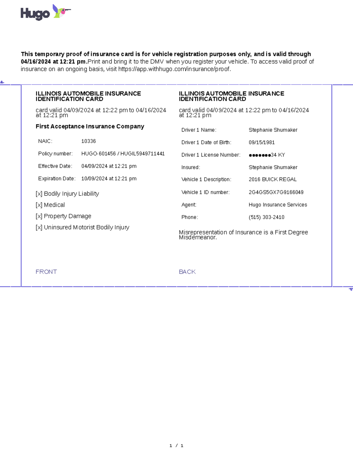 HUGO TEMPORARY Proof of Auto Insurance Card - Valid Till 04/16/24 - Studocu