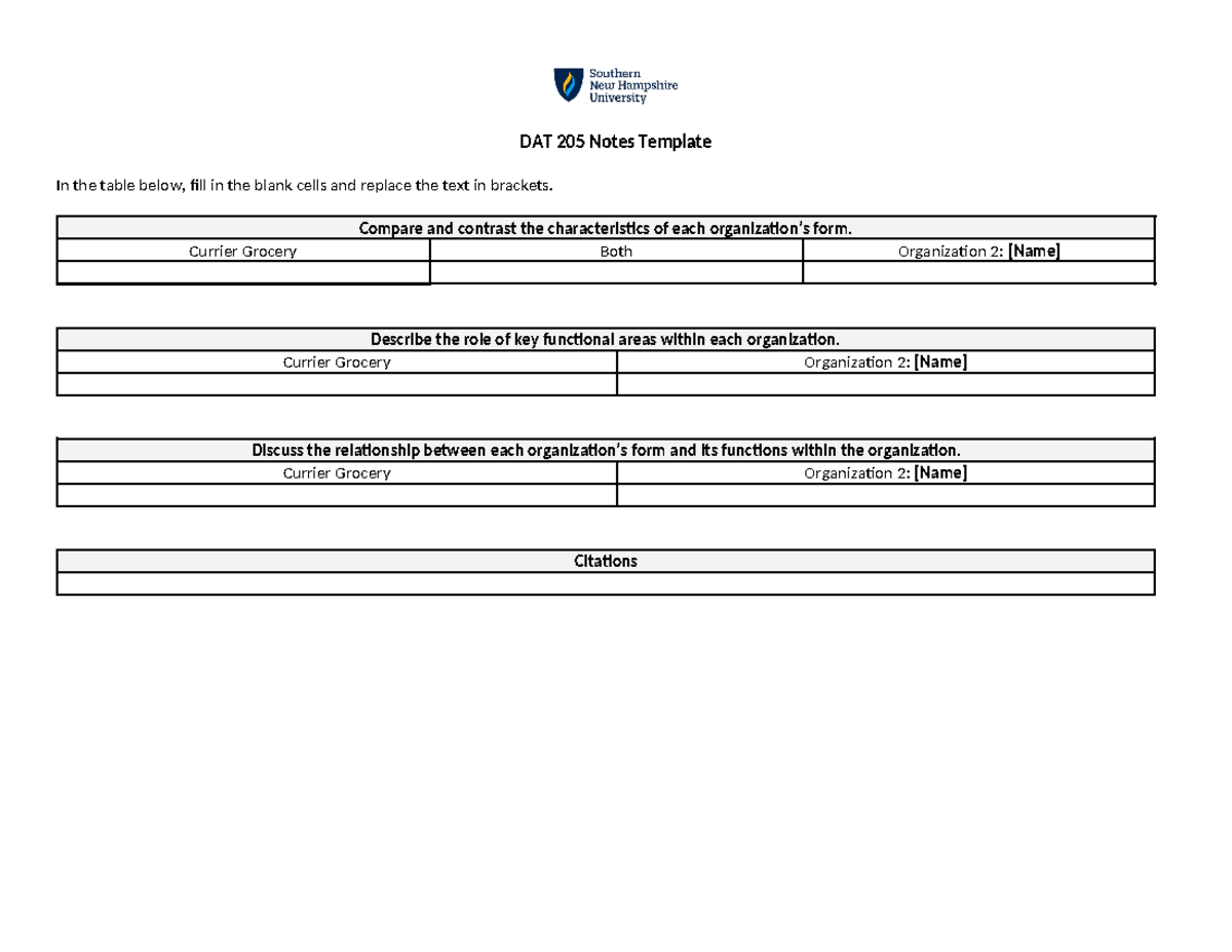 DAT 205 Notes Template - DAT 205 Notes Template In the table below ...