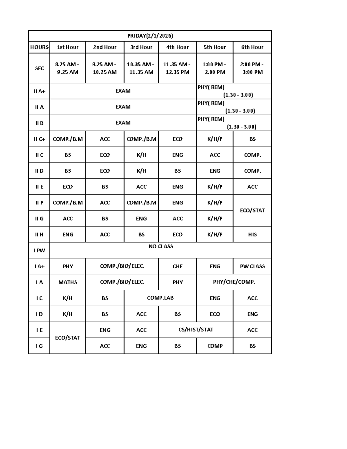 TIME Table II (2026) for Exams and Classes (Jan 1 - Jan 16) - Studocu