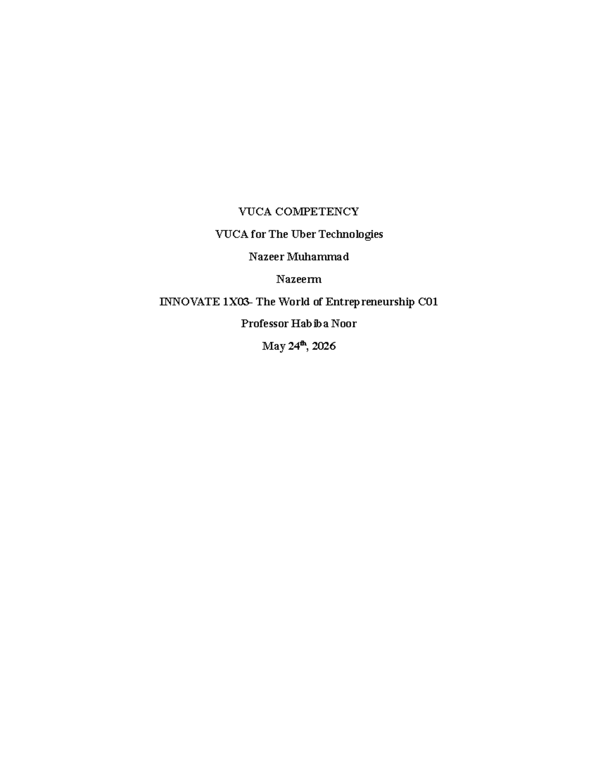 VUCA Competency Analysis for Uber Technologies C01 - Nazeer Muhammad ...