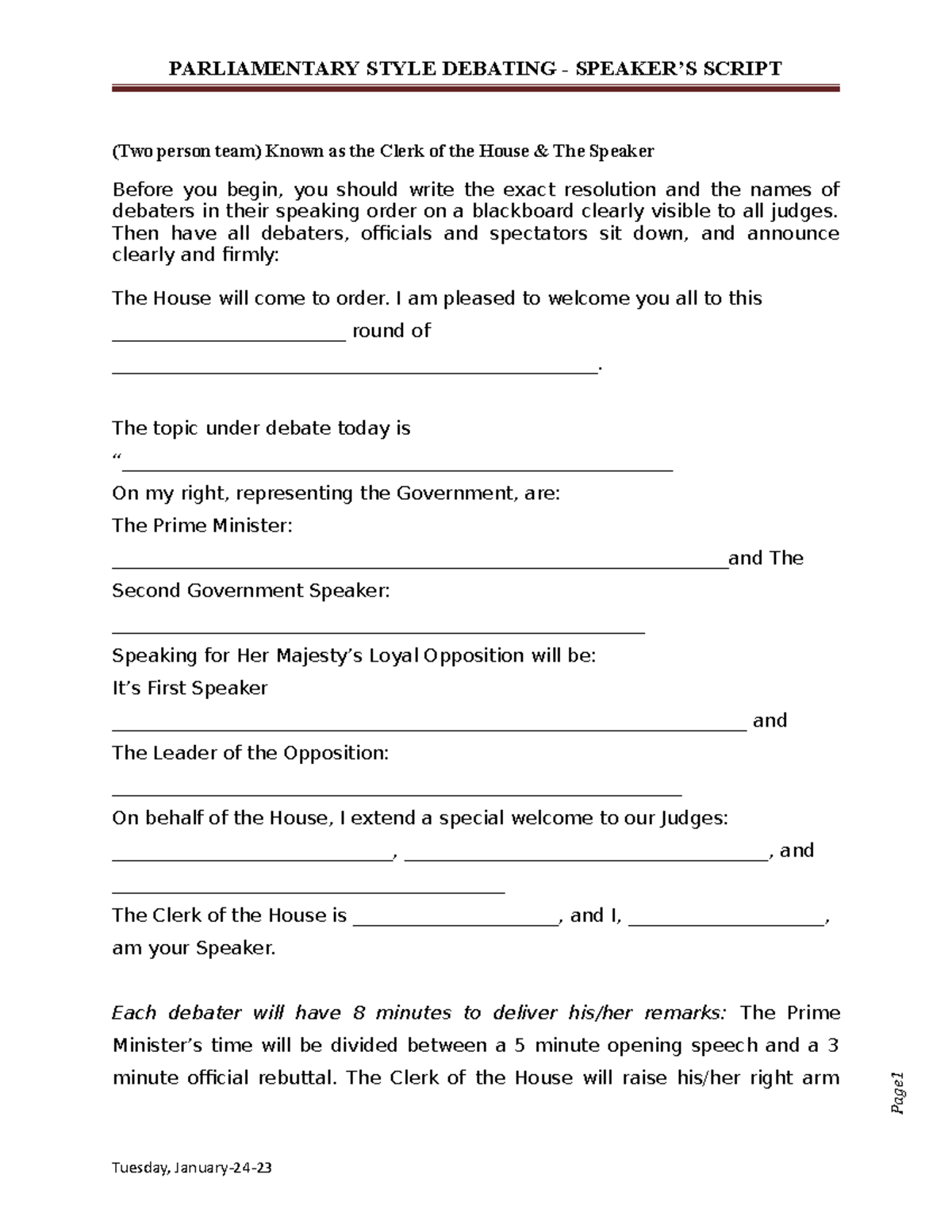 Parliamentary Speaker's Script - Moderator - Page PARLIAMENTARY STYLE ...