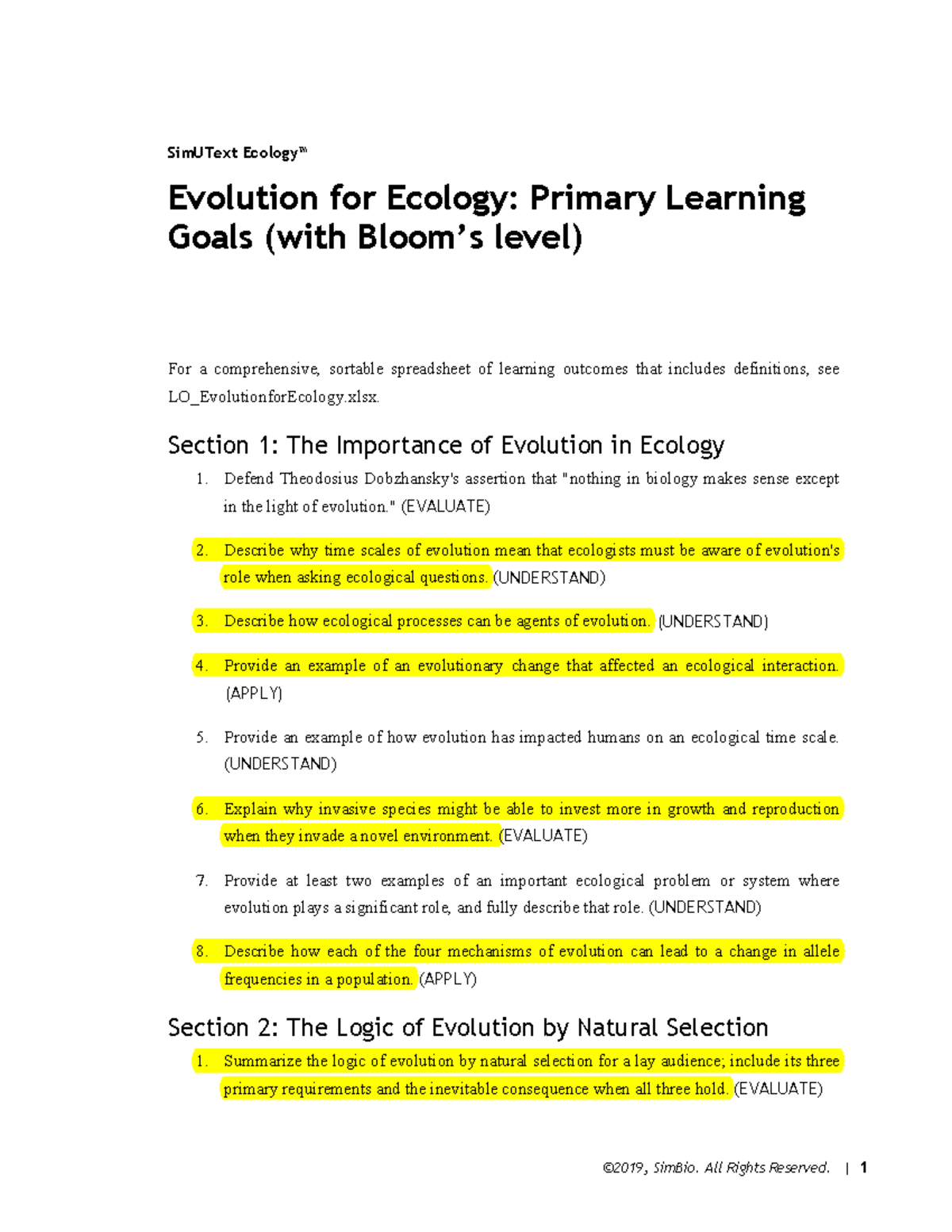 LG 101: Evolution for Ecology Learning Goals and Insights - Studocu