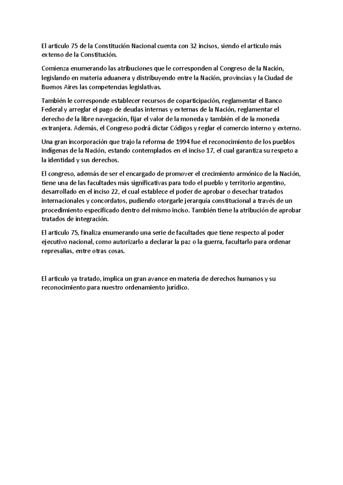 Resumen del Articulo 75 de la Constitución Nacional - Studocu