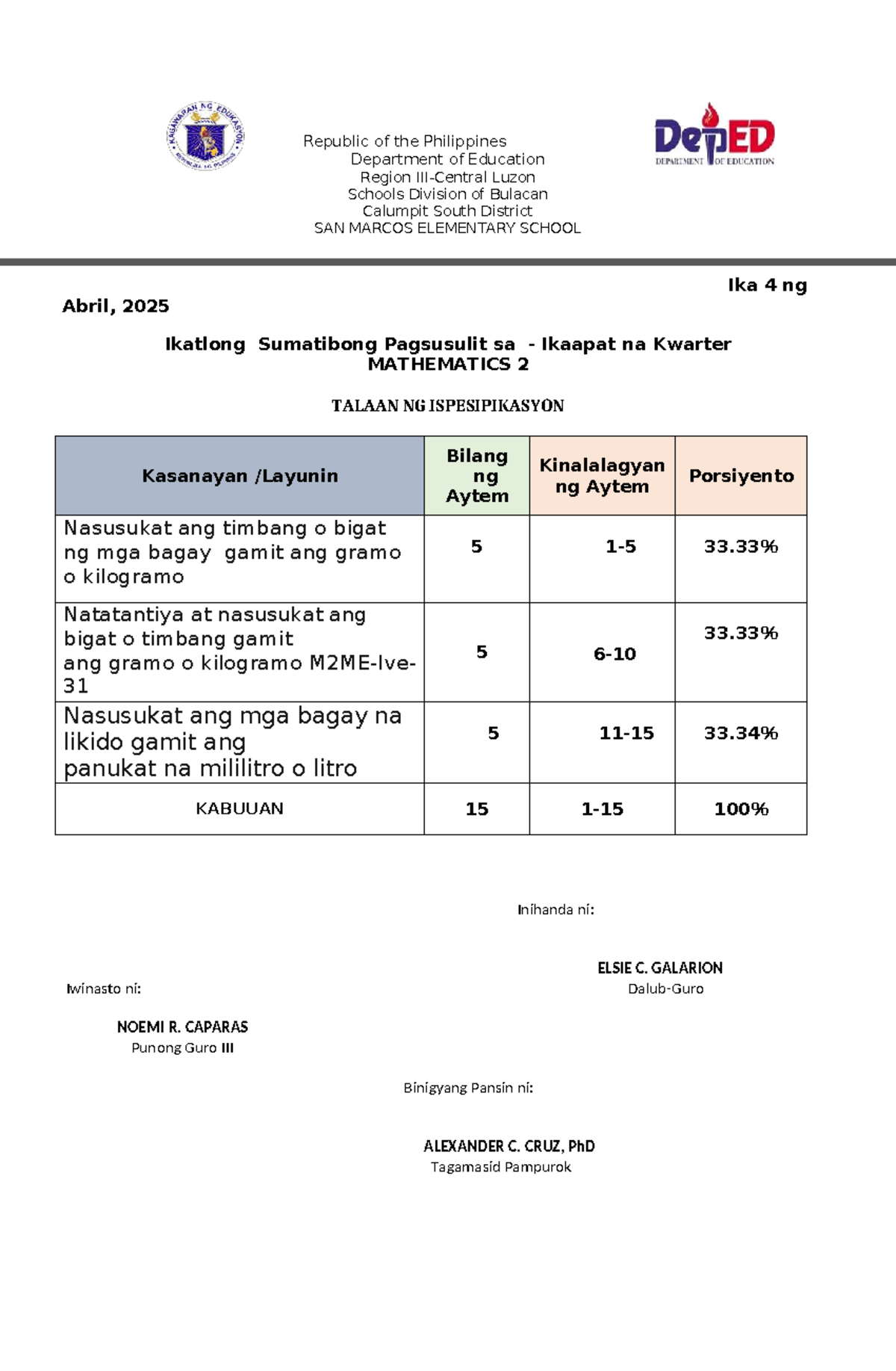Ikatlong sumatibong pagsusulit sa Mathematics 2 (Q4-ST3) - Studocu