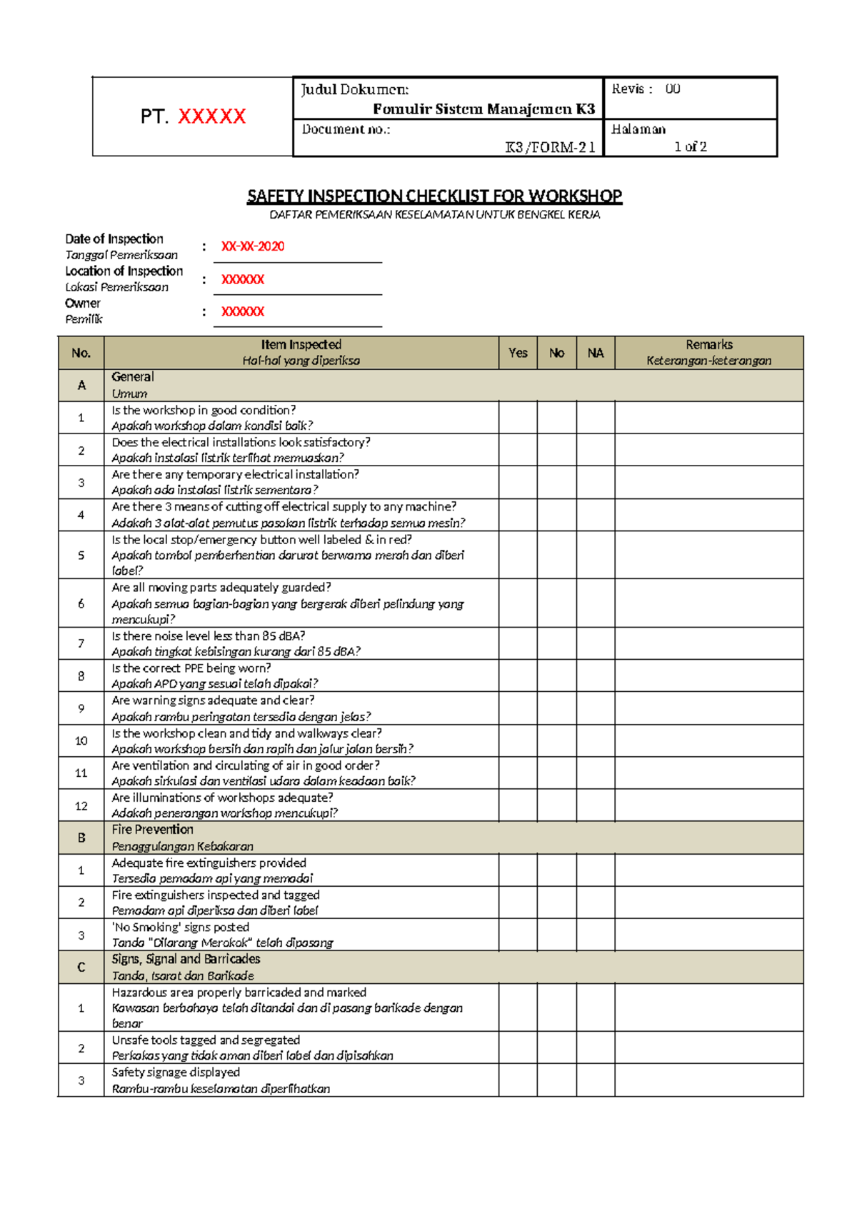 SAFETY INSPECTION CHECKLIST FOR WORKSHOP K3 00 - Studocu