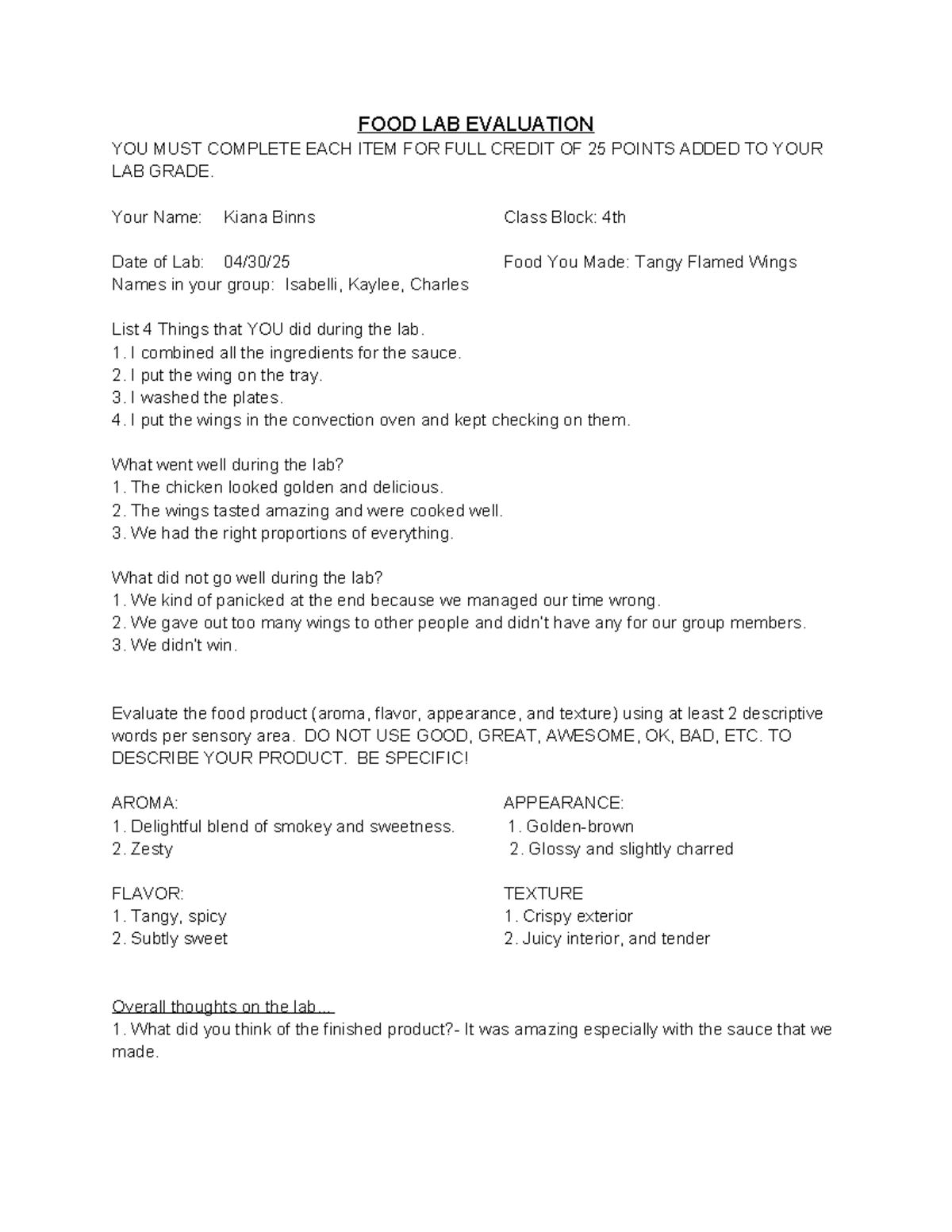Chicken Wing Evaluation: Lab Report for Food Class Block 4 - Studocu