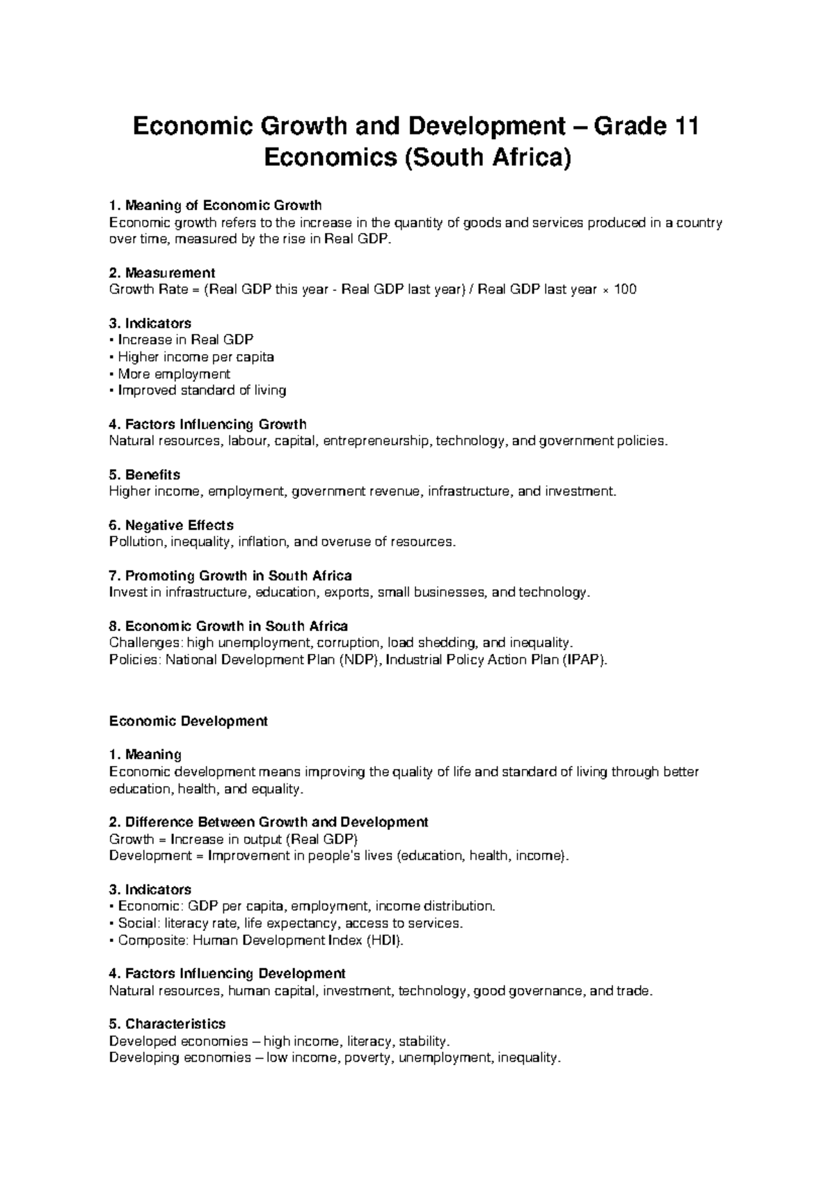 Economic Growth and Development Notes (Grade 11 Economics) - Studocu