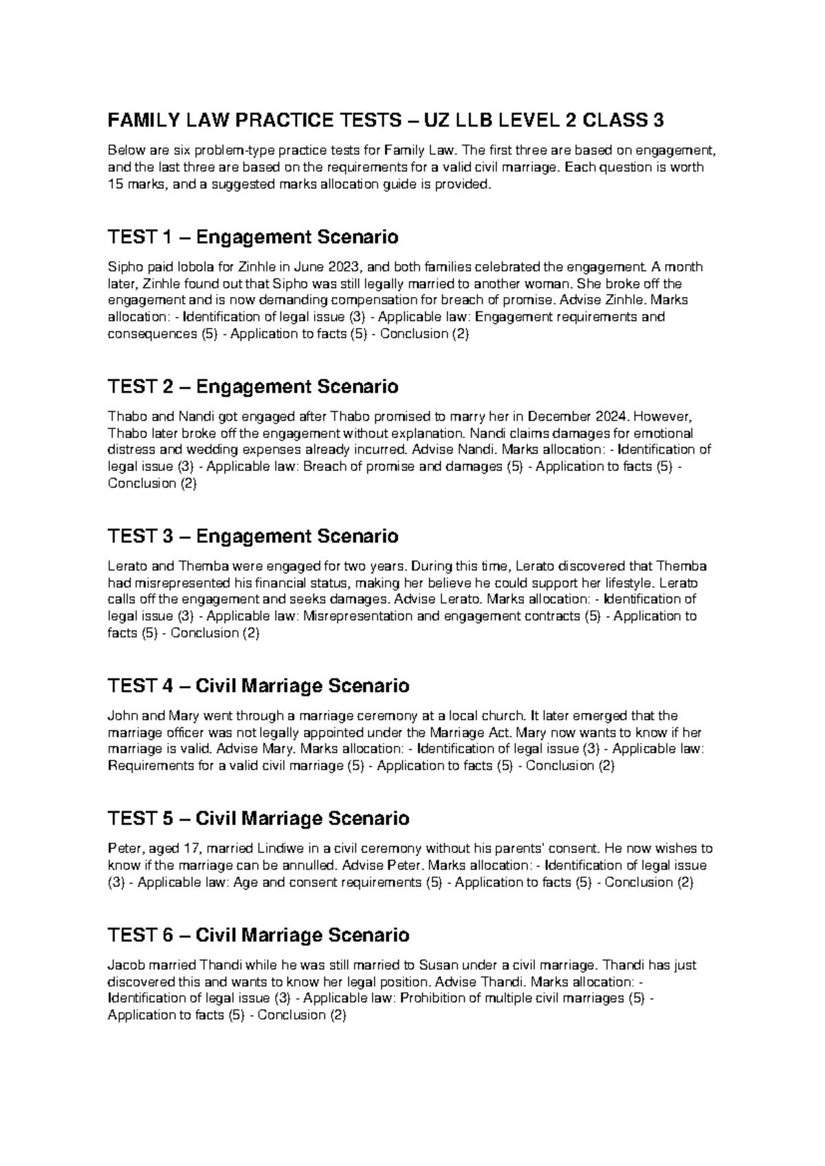 FAMILY LAW PRACTICE TESTS UZ LLB LEVEL 2 CLASS 3 (2025) - Studocu