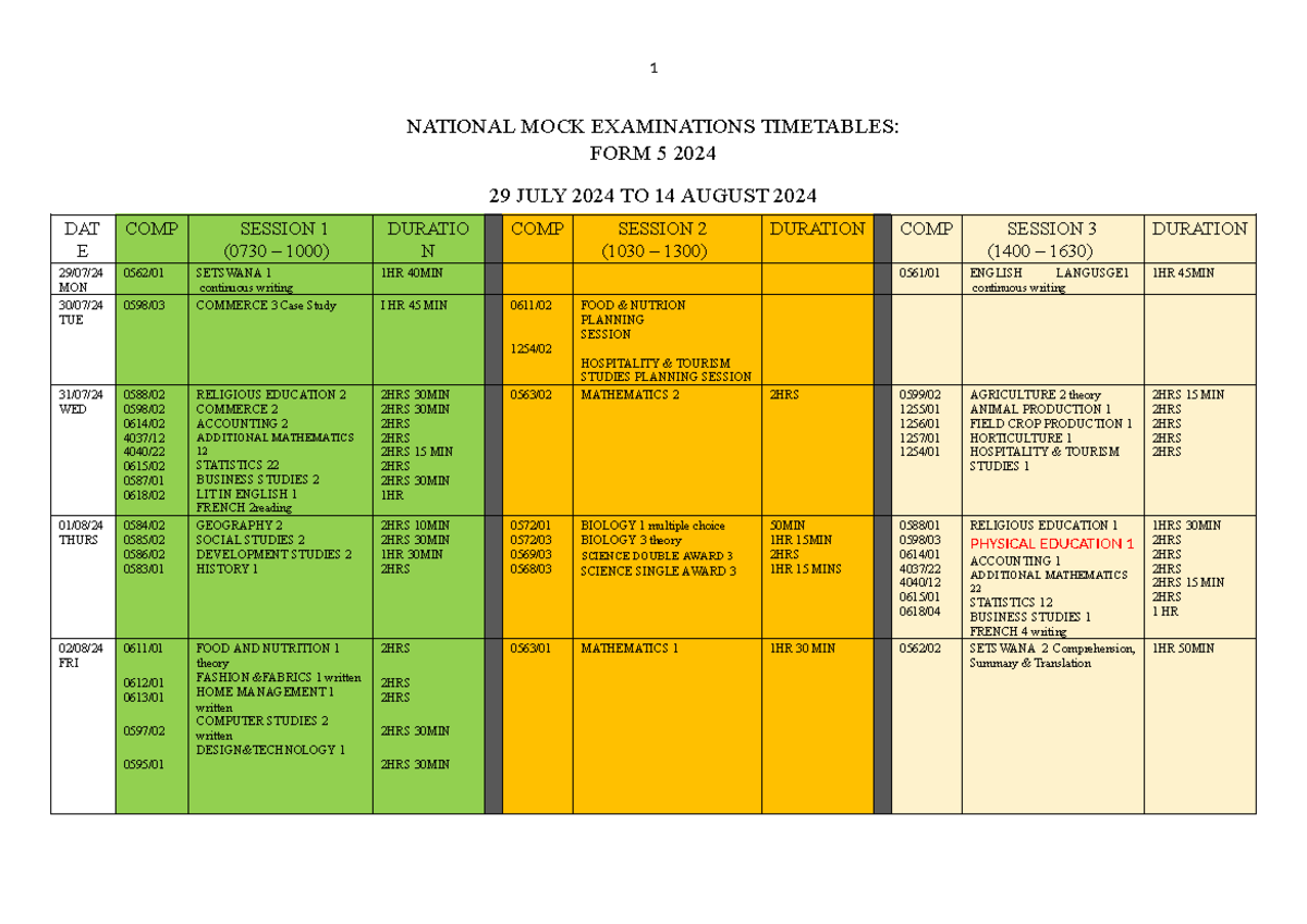 2024 National MOCK Timetable FORM 5 2 - 1 NATIONAL MOCK EXAMINATIONS ...