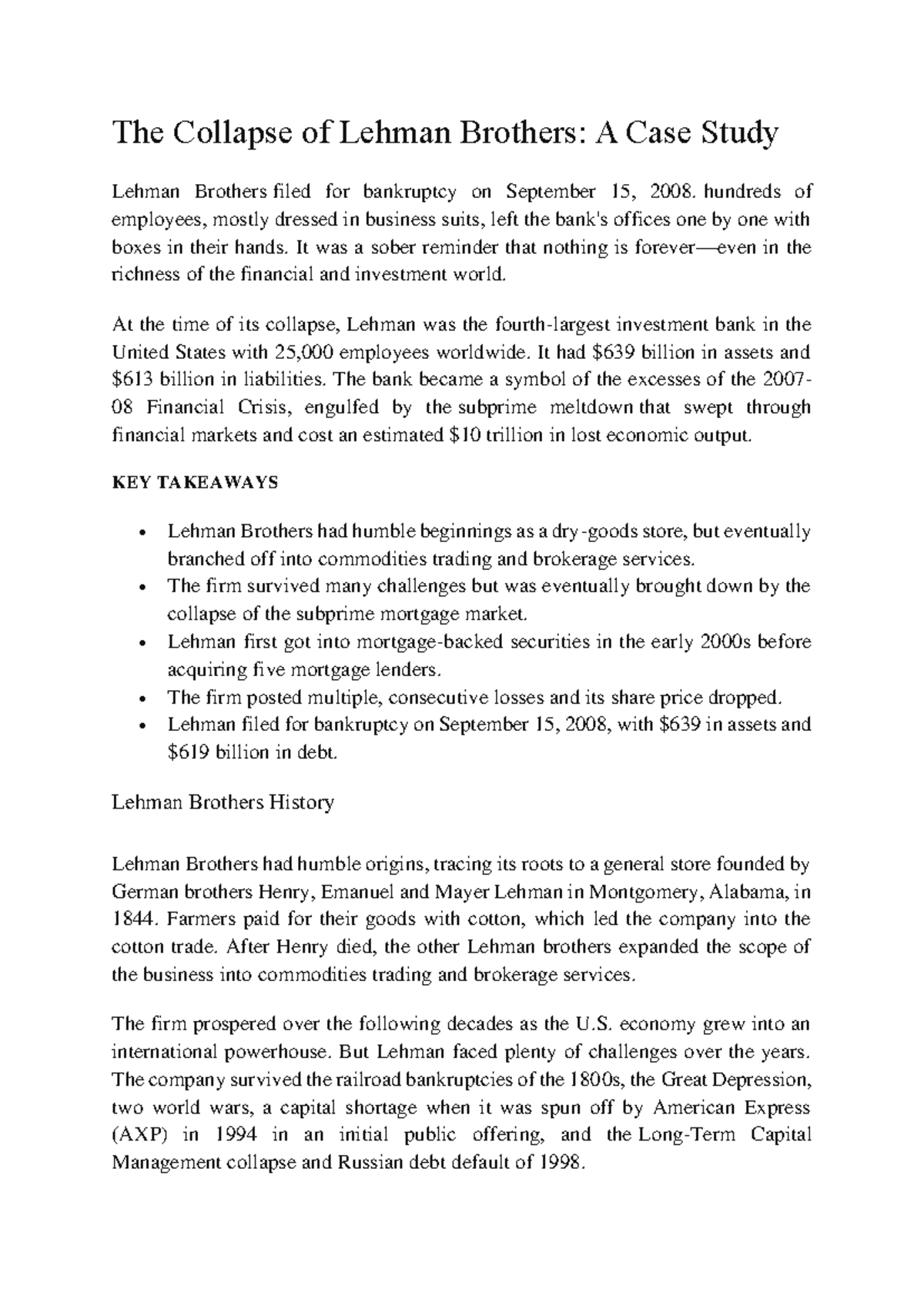 Case Study: The Collapse of Lehman Brothers in 2008 - Studocu
