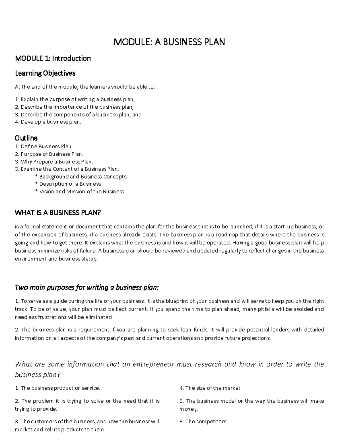 Business Plan Module 1: Introduction to Business Planning - Studocu