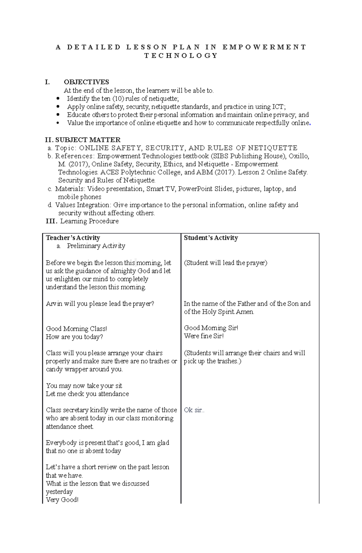 Lesson Plan: Netiquette & Online Safety (Empowerment Tech) - Studocu