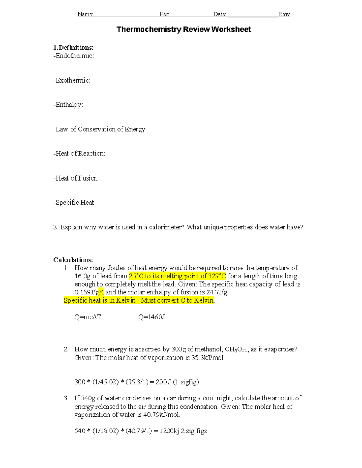 Thermochemistry Review Worksheet for Chemistry 101 Study Session - Studocu