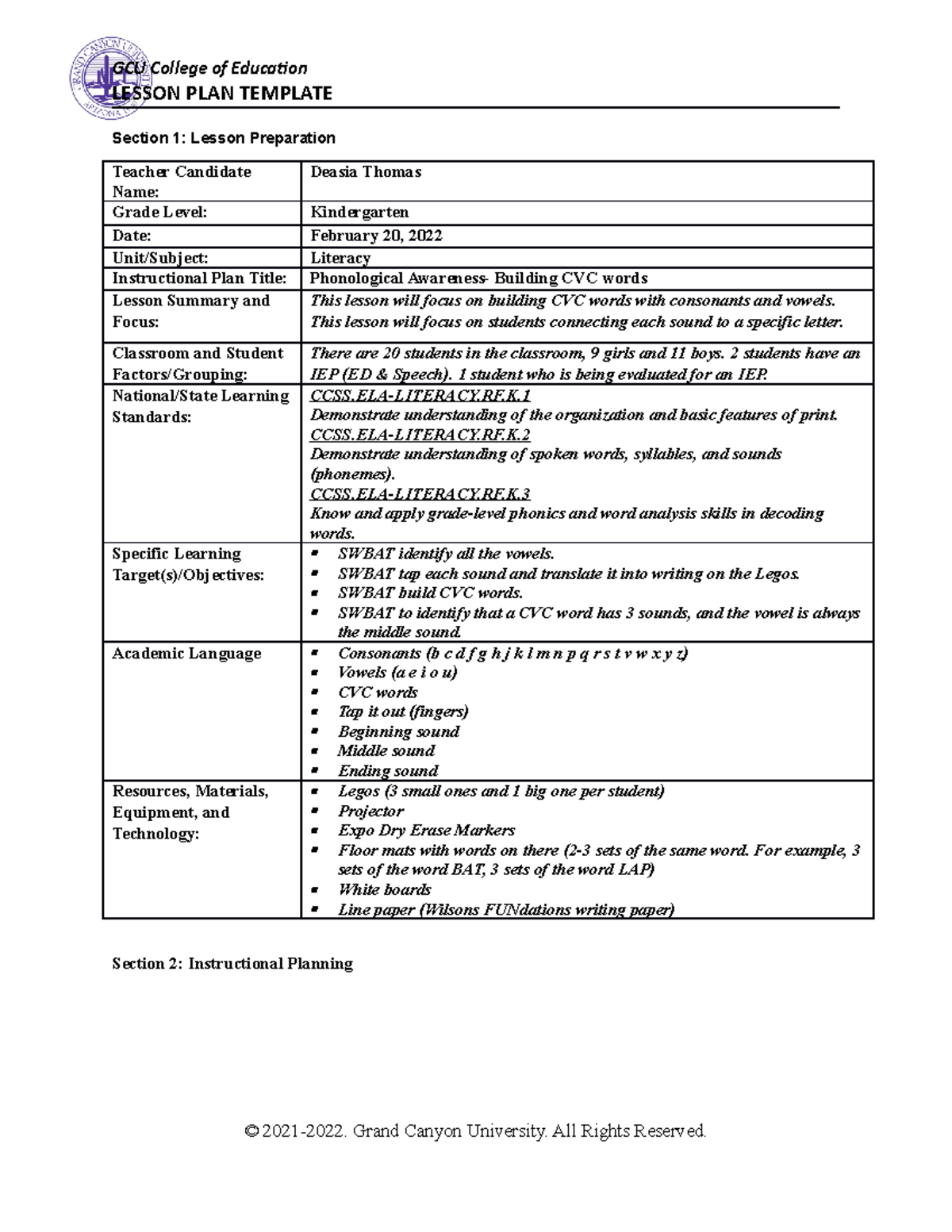 ECS 435 Lesson Plan: Building CVC Words in Kindergarten Literacy - Studocu