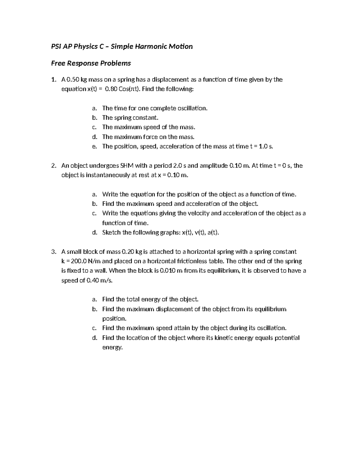 PSI AP Physics C: Simple Harmonic Motion Free Response Guide - Studocu