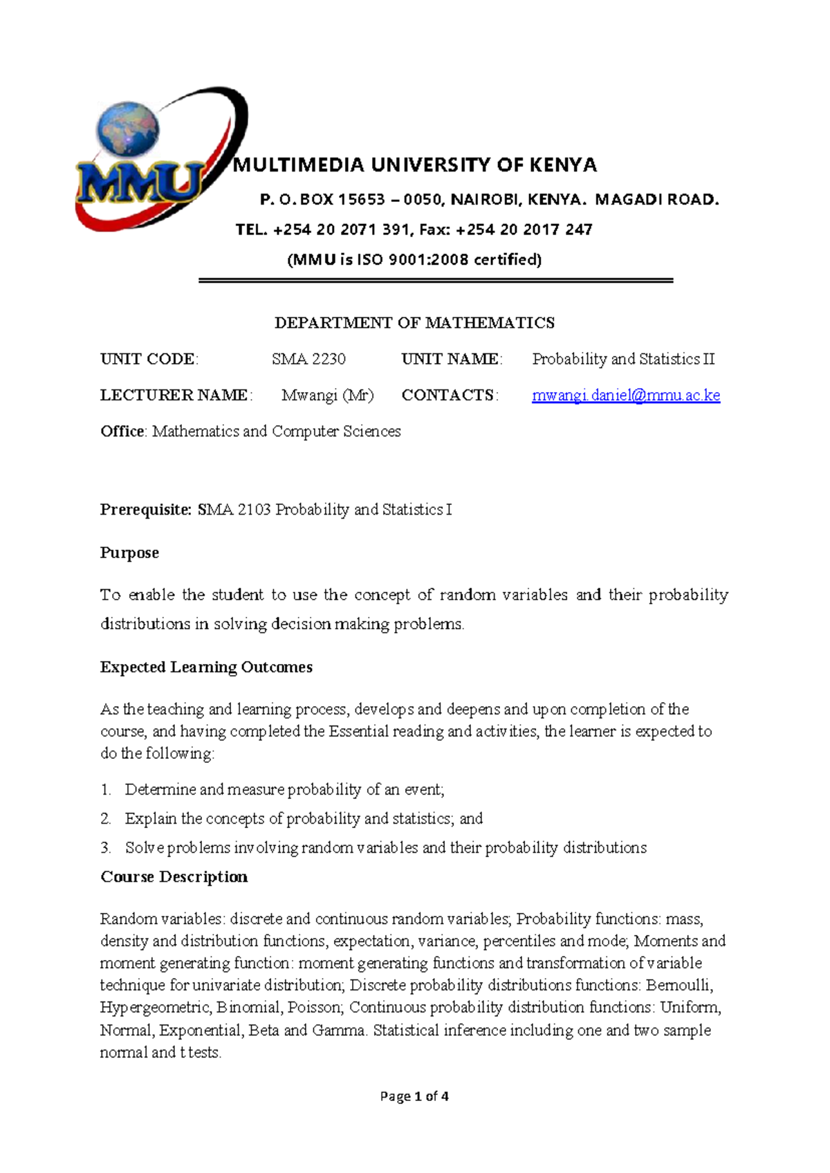 SMA 2230 Probability and Statistics II - Copy - MULTIMEDIA UNIVERSITY ...