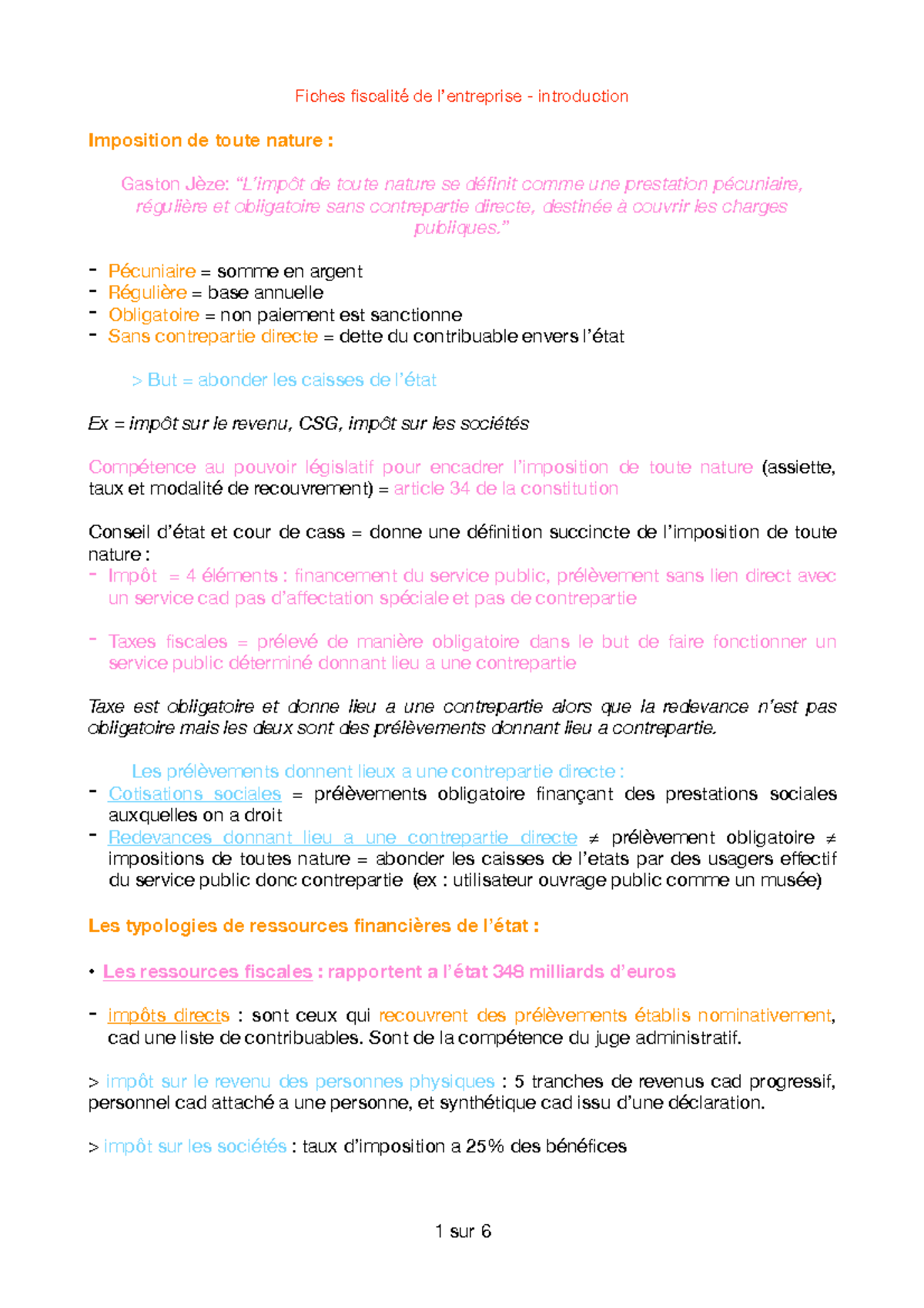 Fiches de Fiscalité : Introduction à l'Imposition de Toute Nature - Studocu