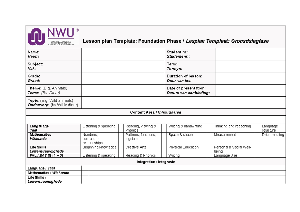 Foundation Phase Lesson Plan Template: Detailed Structure and ...