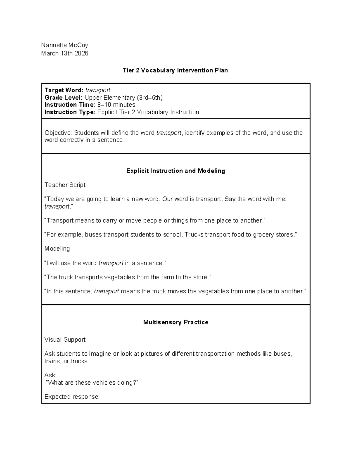 Tier 2 Vocabulary Intervention Plan: Transport for Upper Elementary ...