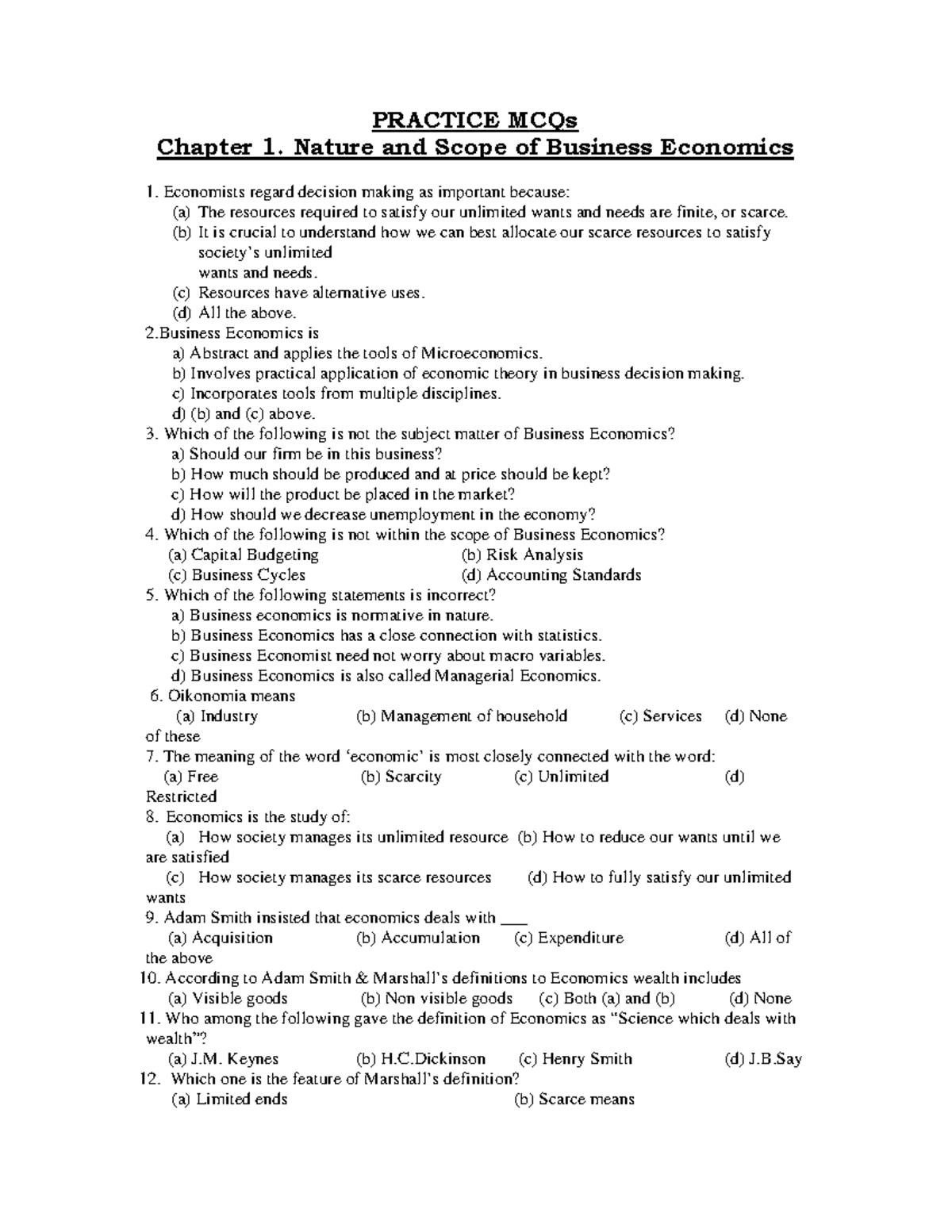 Chapter 1 - Practice MCQs on Nature and Scope of Business Economics ...