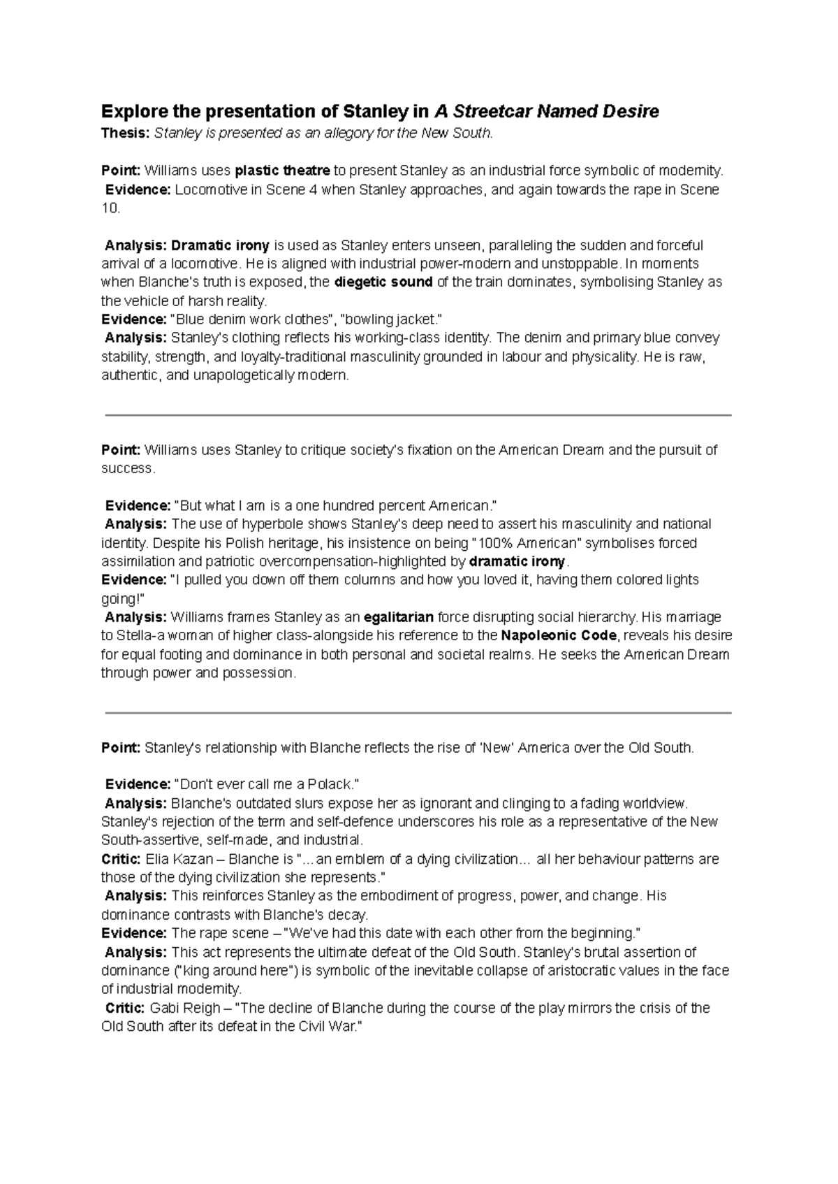 Stanley in A Streetcar Named Desire: Essay Plan Analysis - Studocu