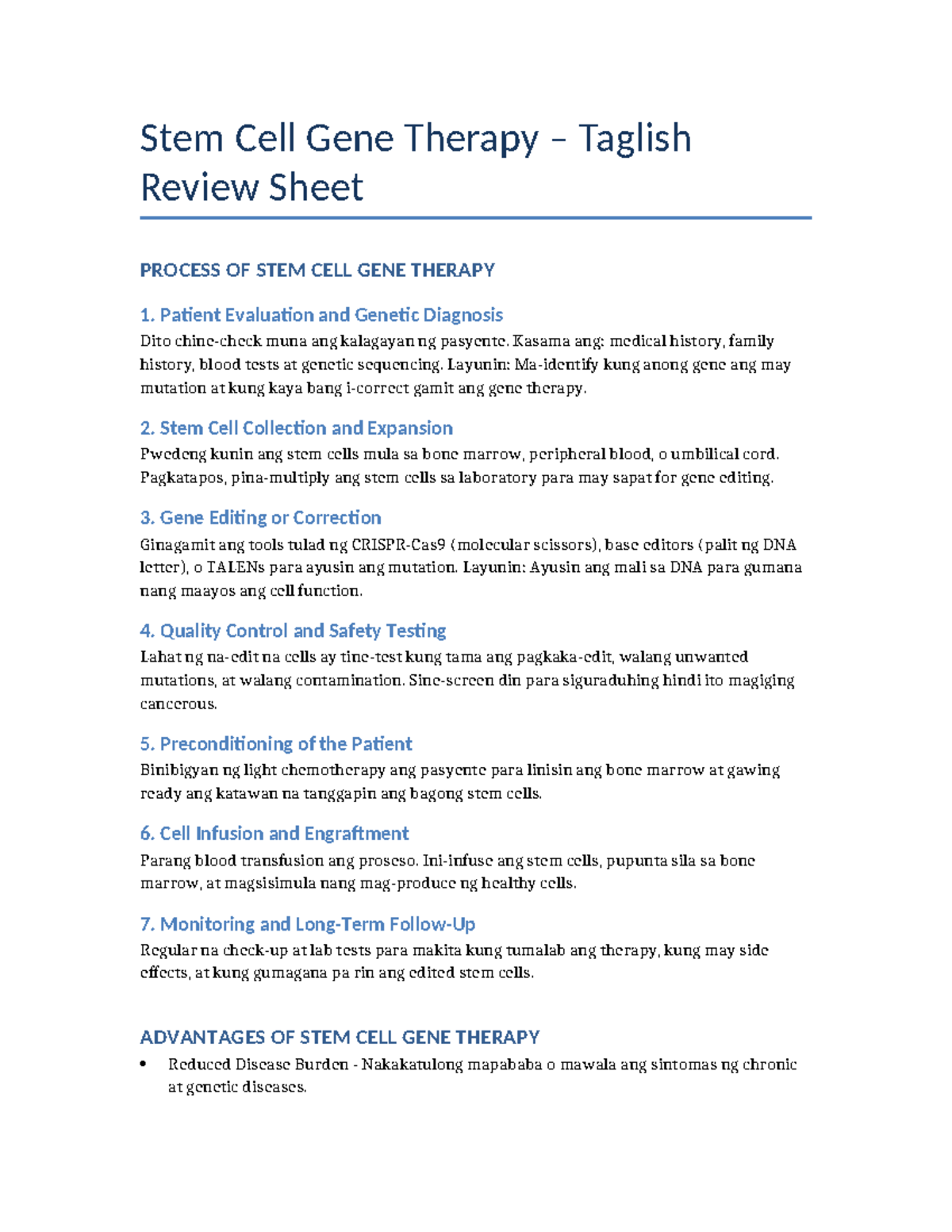 Complete Review Sheet on Stem Cell Gene Therapy (Taglish) - Studocu