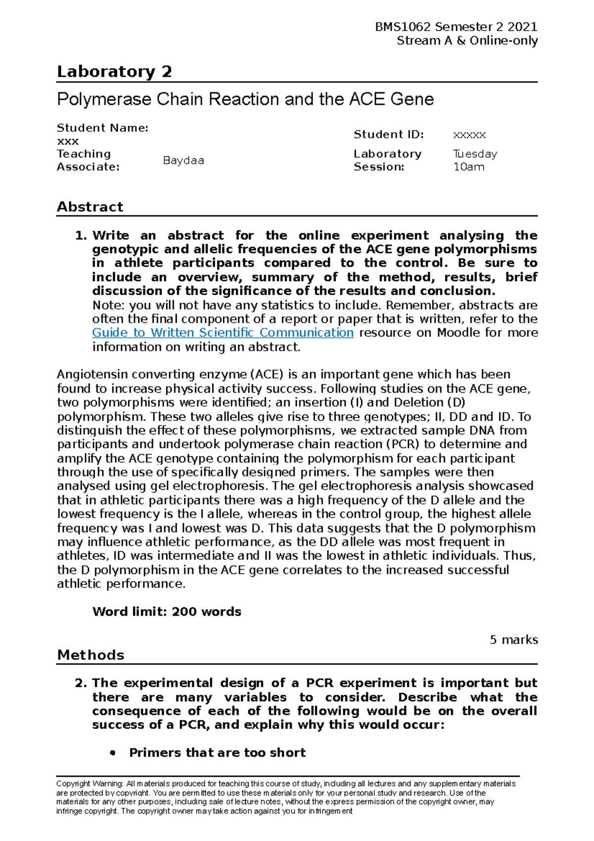 Lab 2 Post-Lab Worksheet on PCR & ACE Gene Analysis BMS1062 Stream A ...