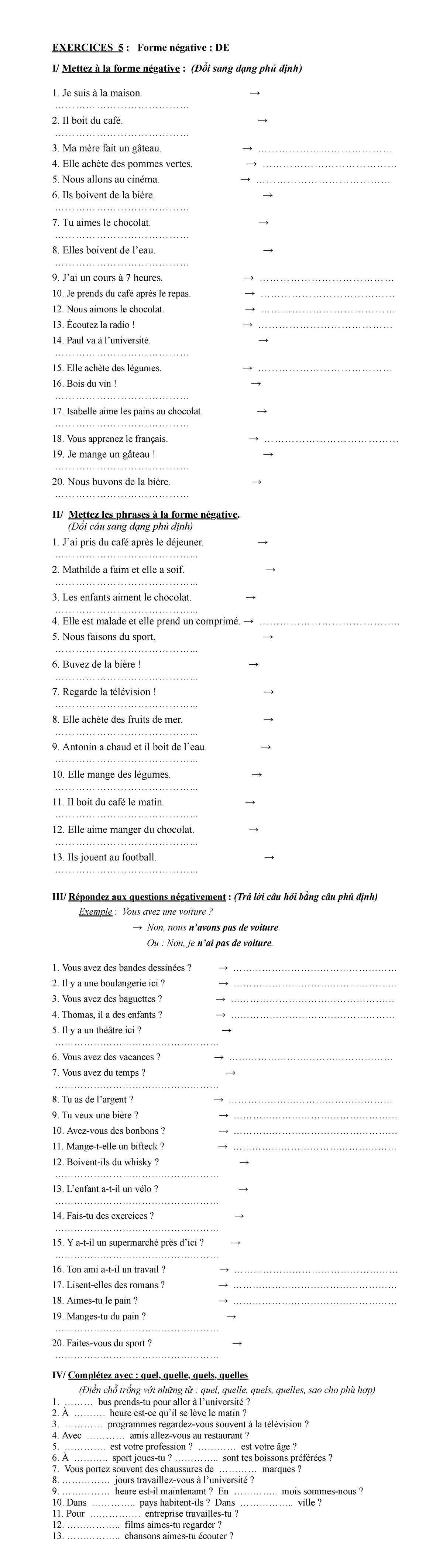 Exercices 5 : Forme Négative en Français (Langue) - Studocu