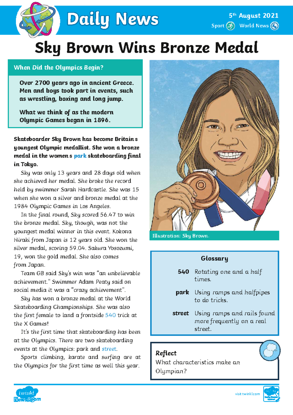 Daily Article - Sky Brown's Bronze Medal at Tokyo Olympics - LKS2 - Studocu