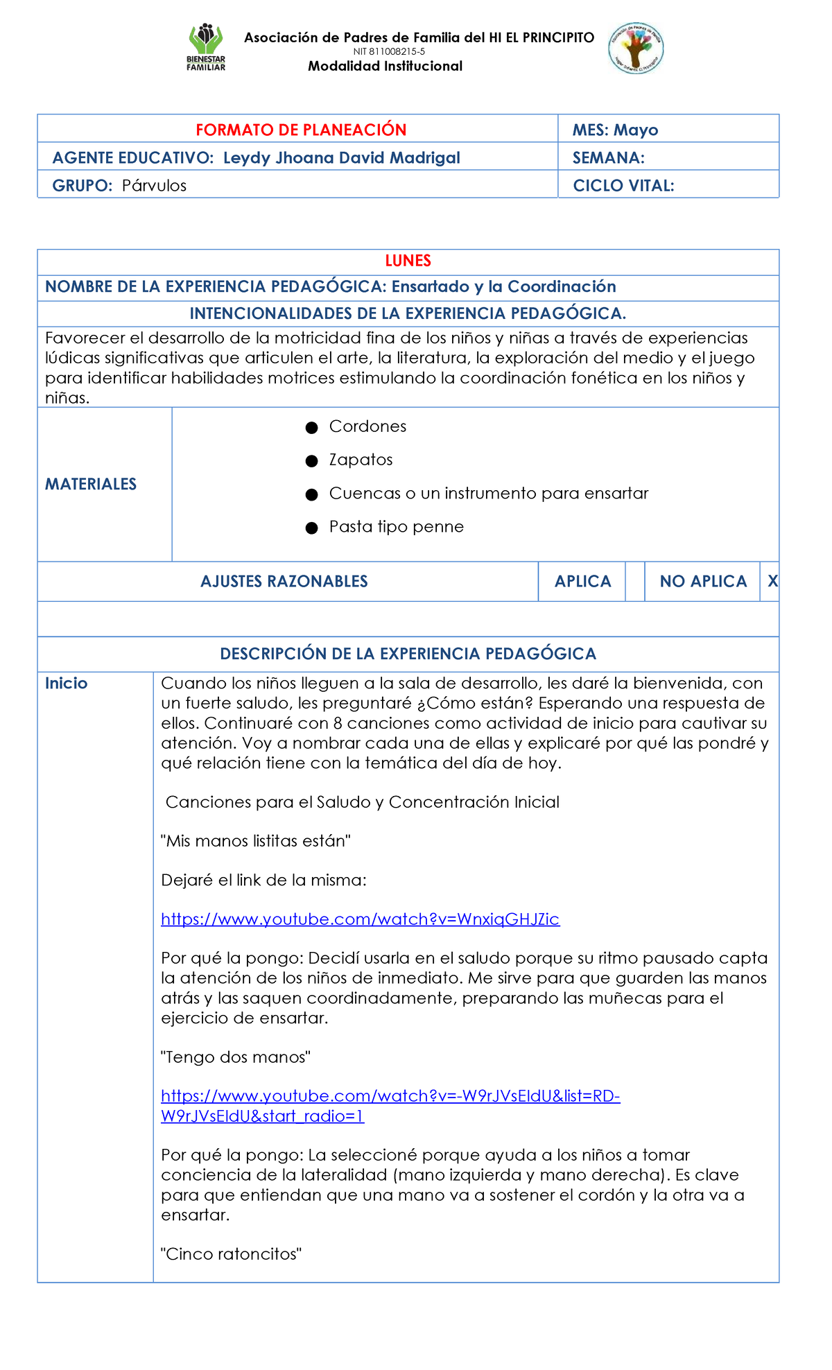 Planeación de Actividades para Motricidad Fina - HI EL PRINCIPITO NIT ...