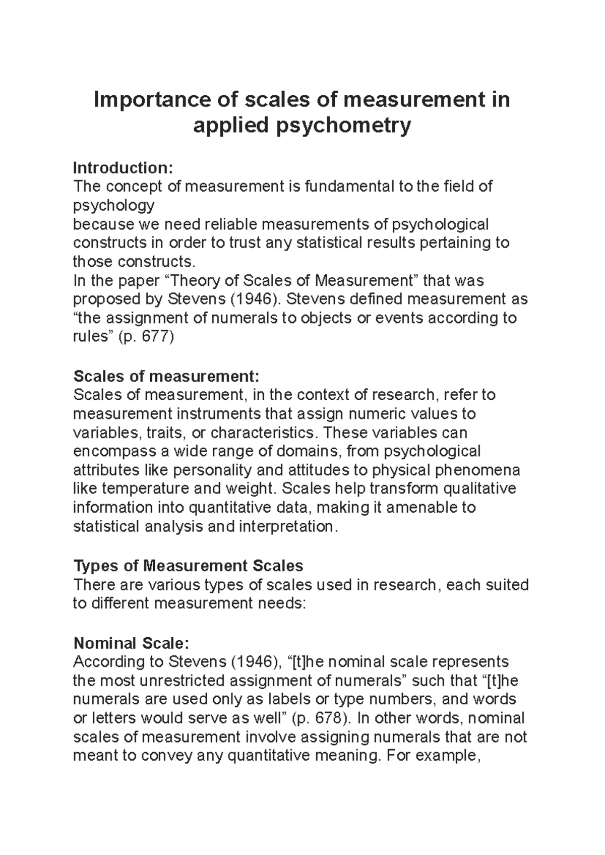 Psychometry Assignment: Importance of Measurement Scales in Psychology ...