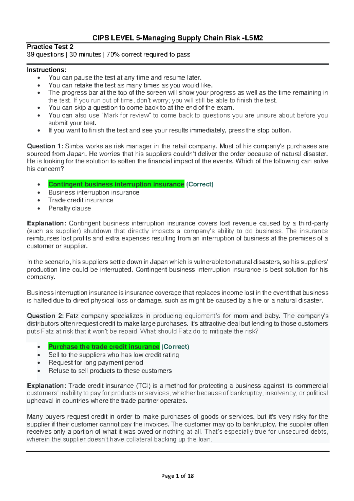 CIPS L5M2 Managing Supply Chain Risk - Practice Test 2 Q&A Guide - Studocu