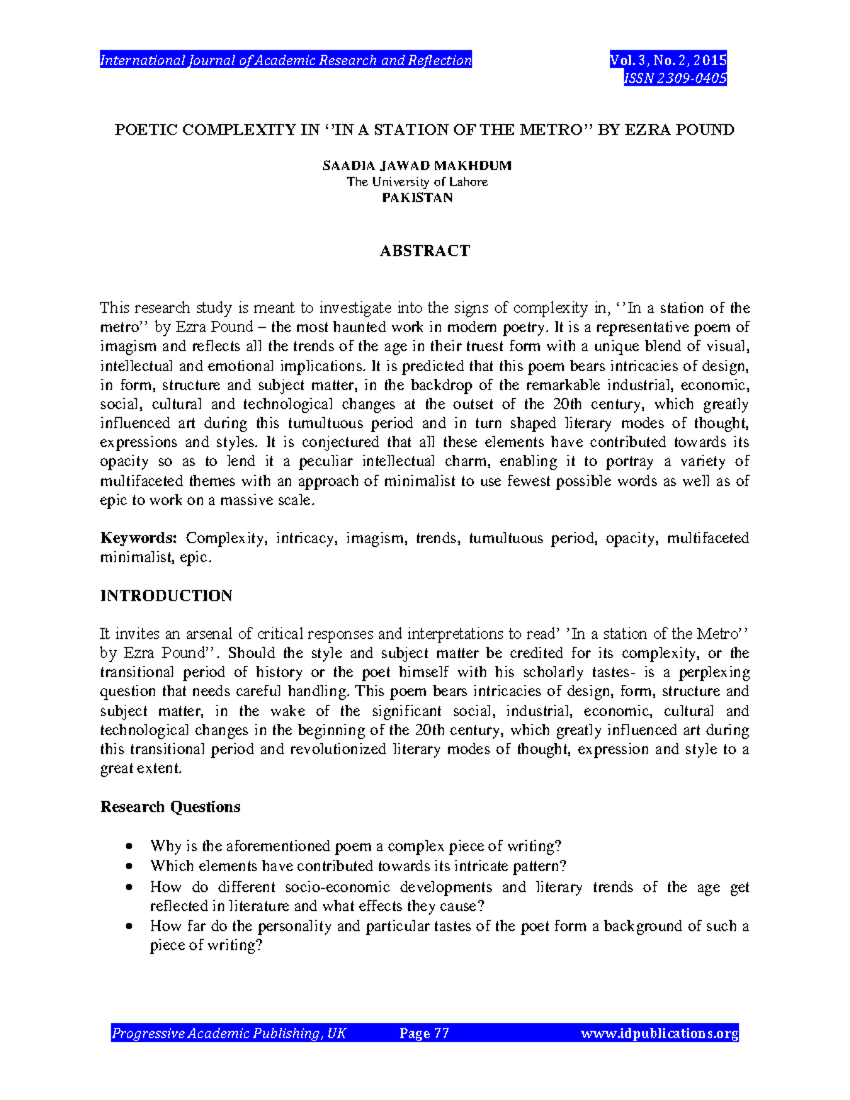 Poetic Complexity in "In a Station of the Metro" by Ezra Pound - Studocu