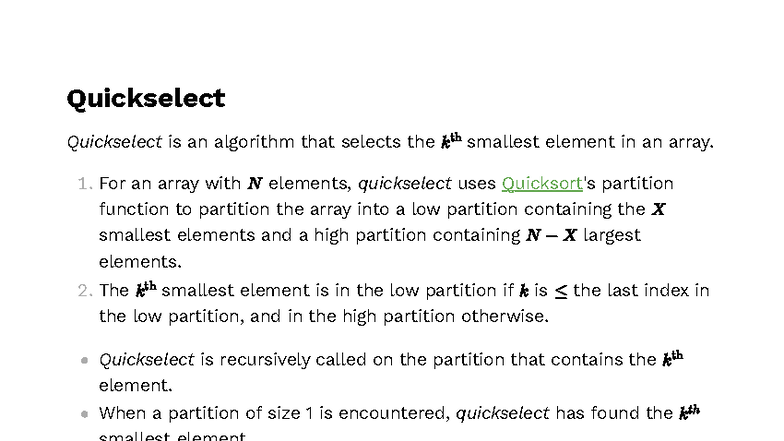 Quickselect Algorithm - Zybook Notes on Selection Method - Studocu