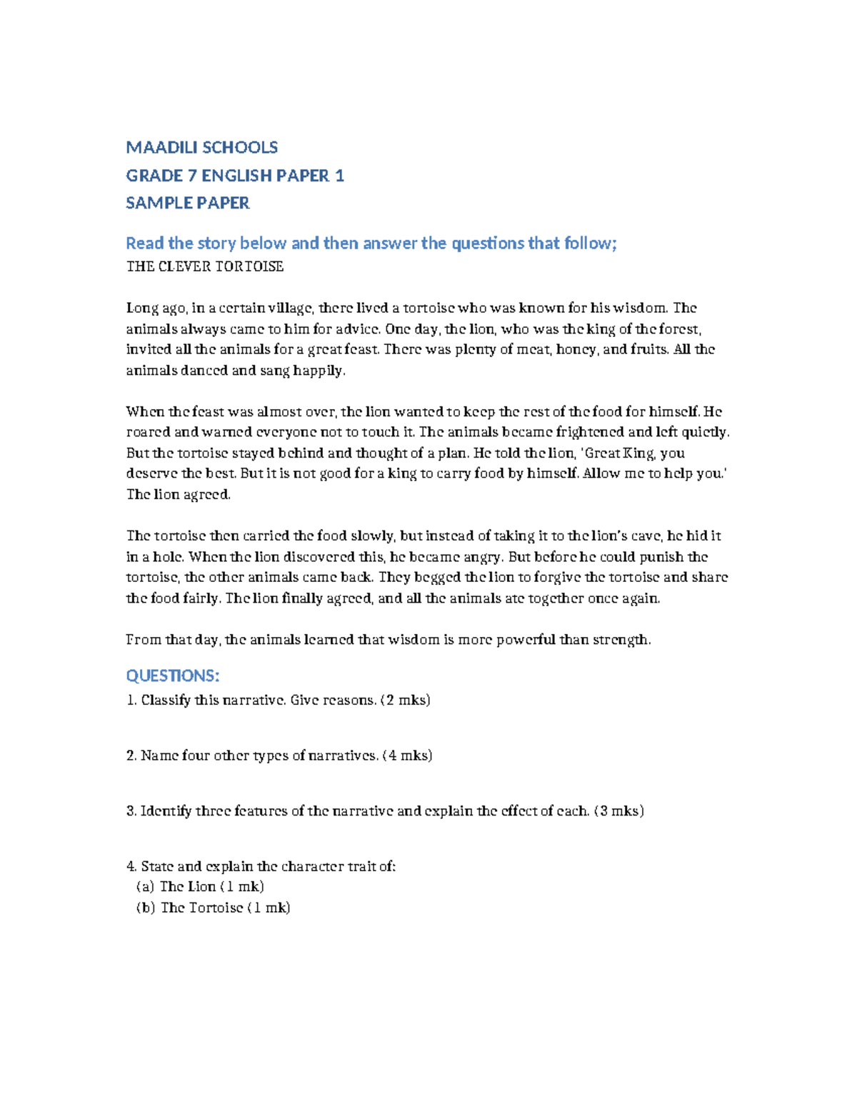 MAADILI SCHOOLS GRADE 7 ENGLISH PAPER 1 SAMPLE QUESTIONS - Studocu