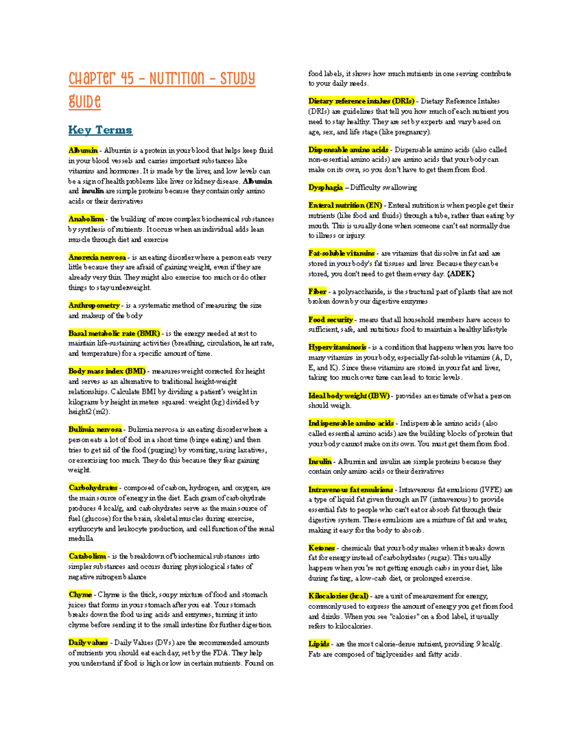 Chapter 45 - Nutrition Study Guide: Key Terms and Concepts - Studocu