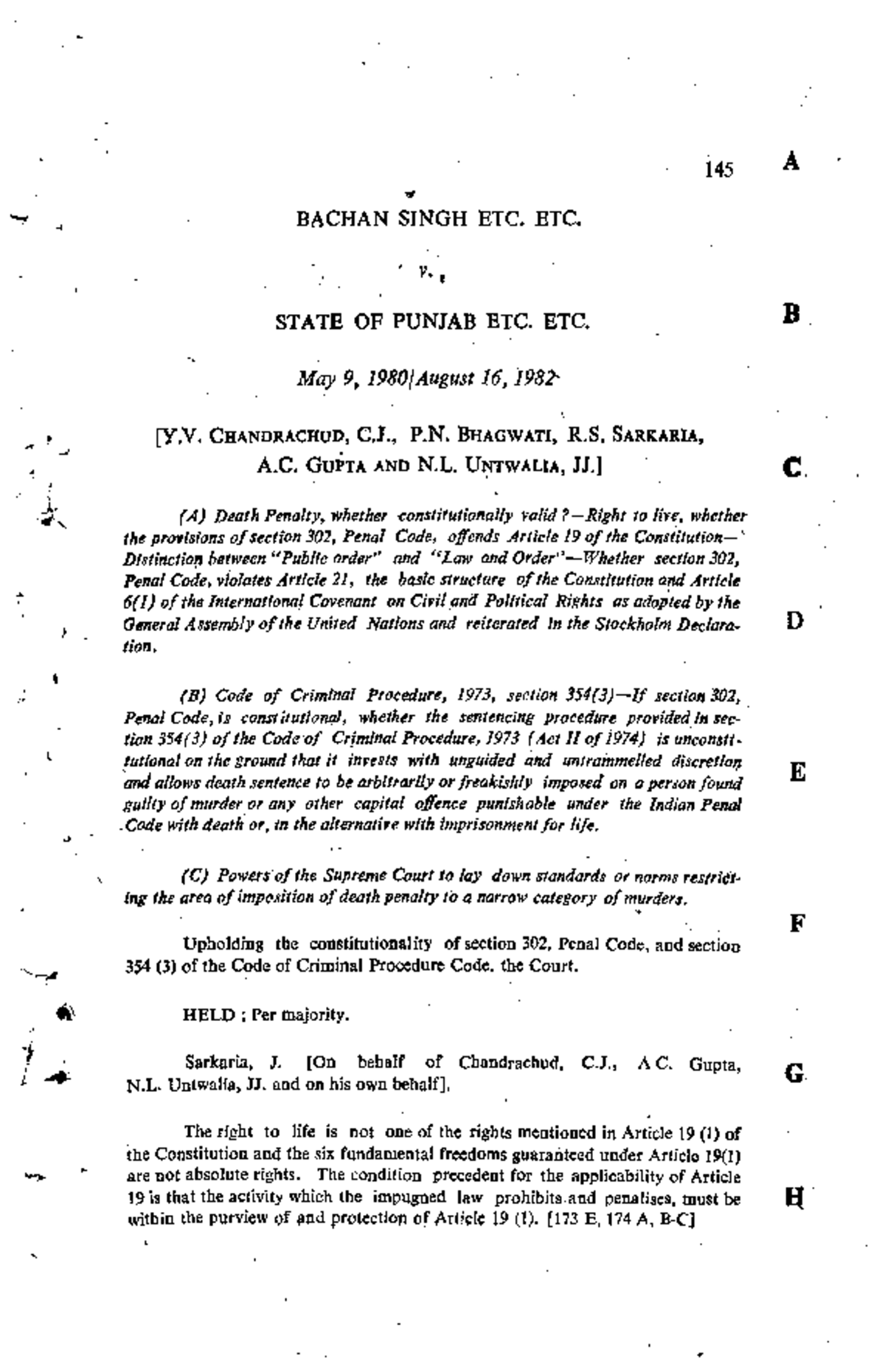 BACHAN SINGH V. STATE OF PUNJAB: Constitutional Validity of Death ...
