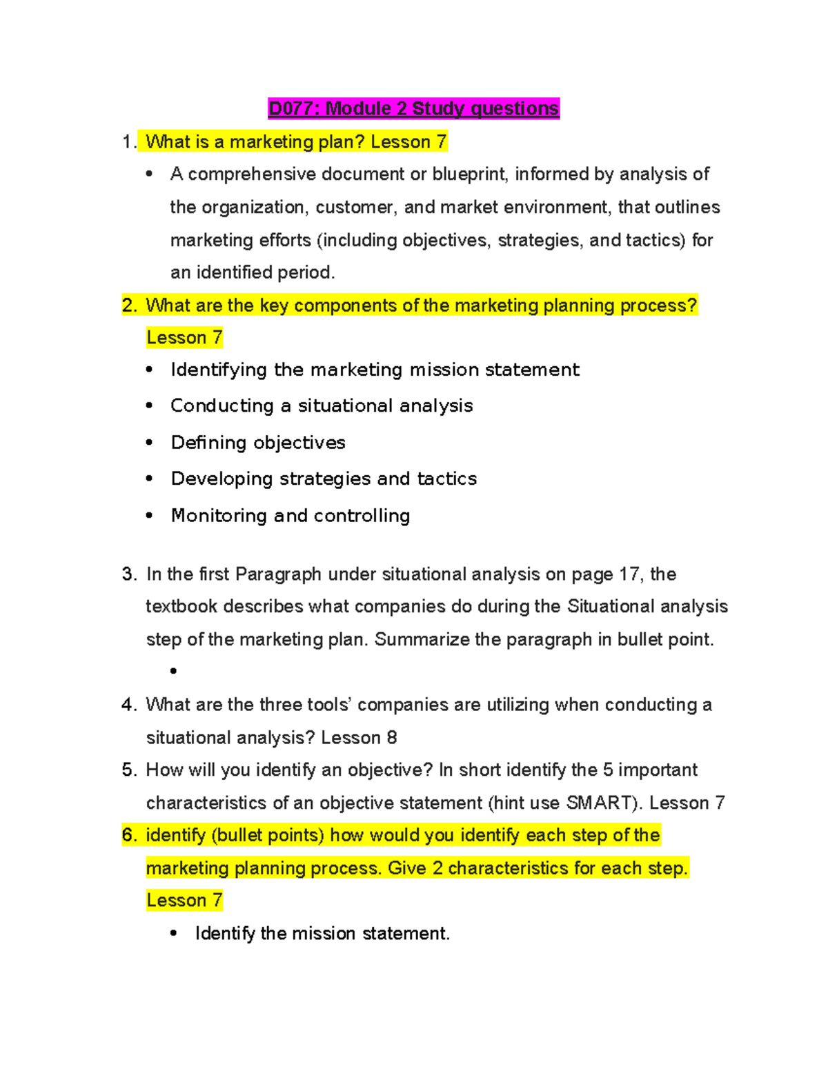 D077 Module 2 Marketing Plan Study Questions and Key Concepts - Studocu