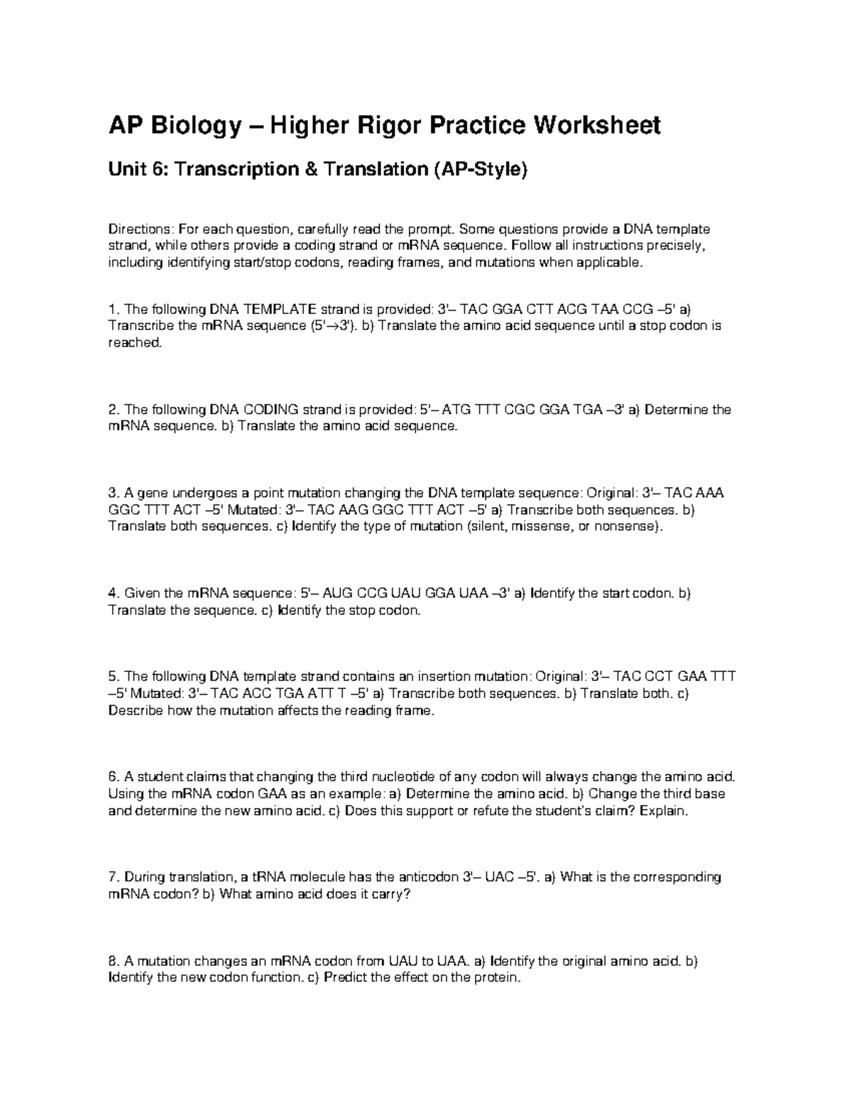 AP Biology Higher Rigor Unit 6 Transcription & Translation Worksheet ...