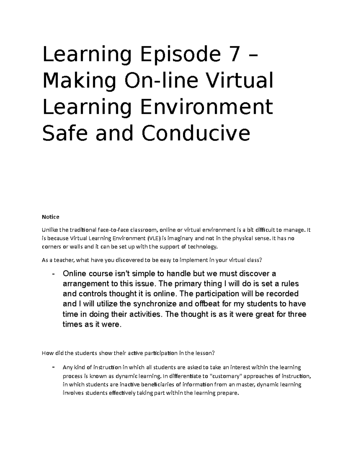 Field Study 2: Learning Episode 7 on Virtual Learning Environments ...